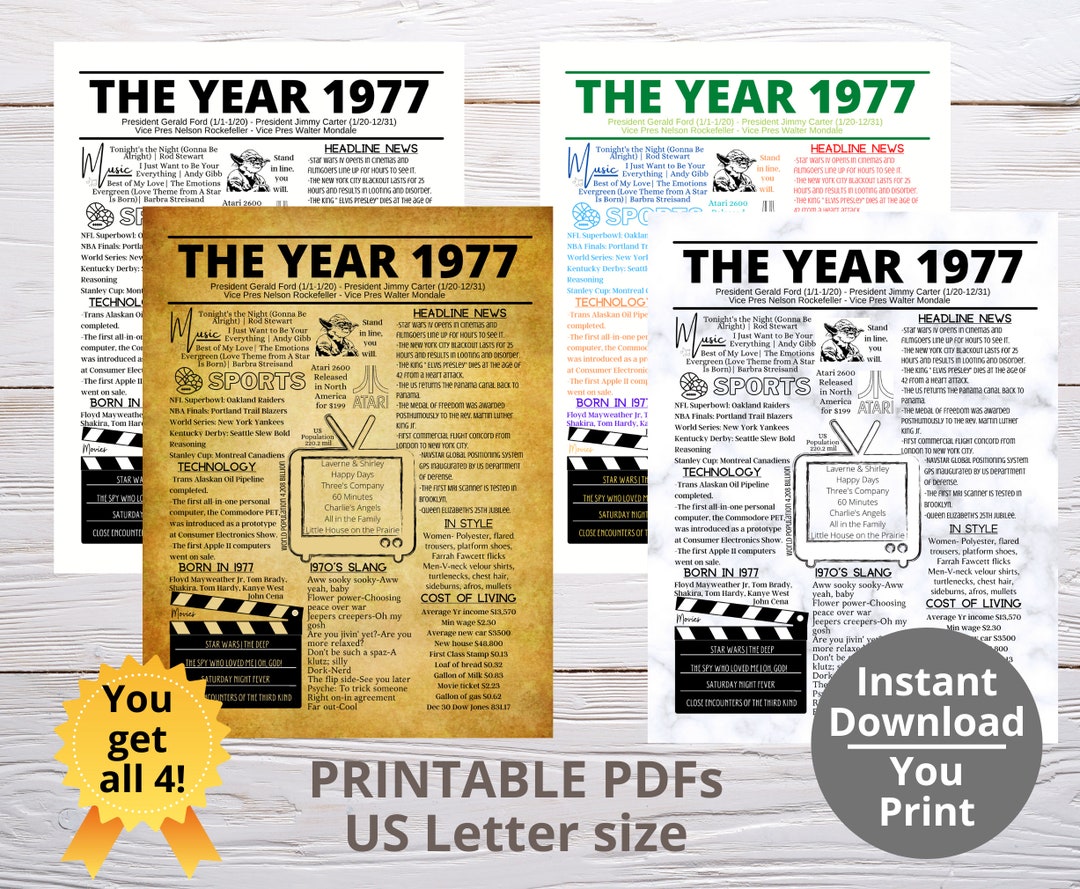 THE YEAR 1977 PRINTABLE 4set/year You Were Born/ Remember the Year When ...