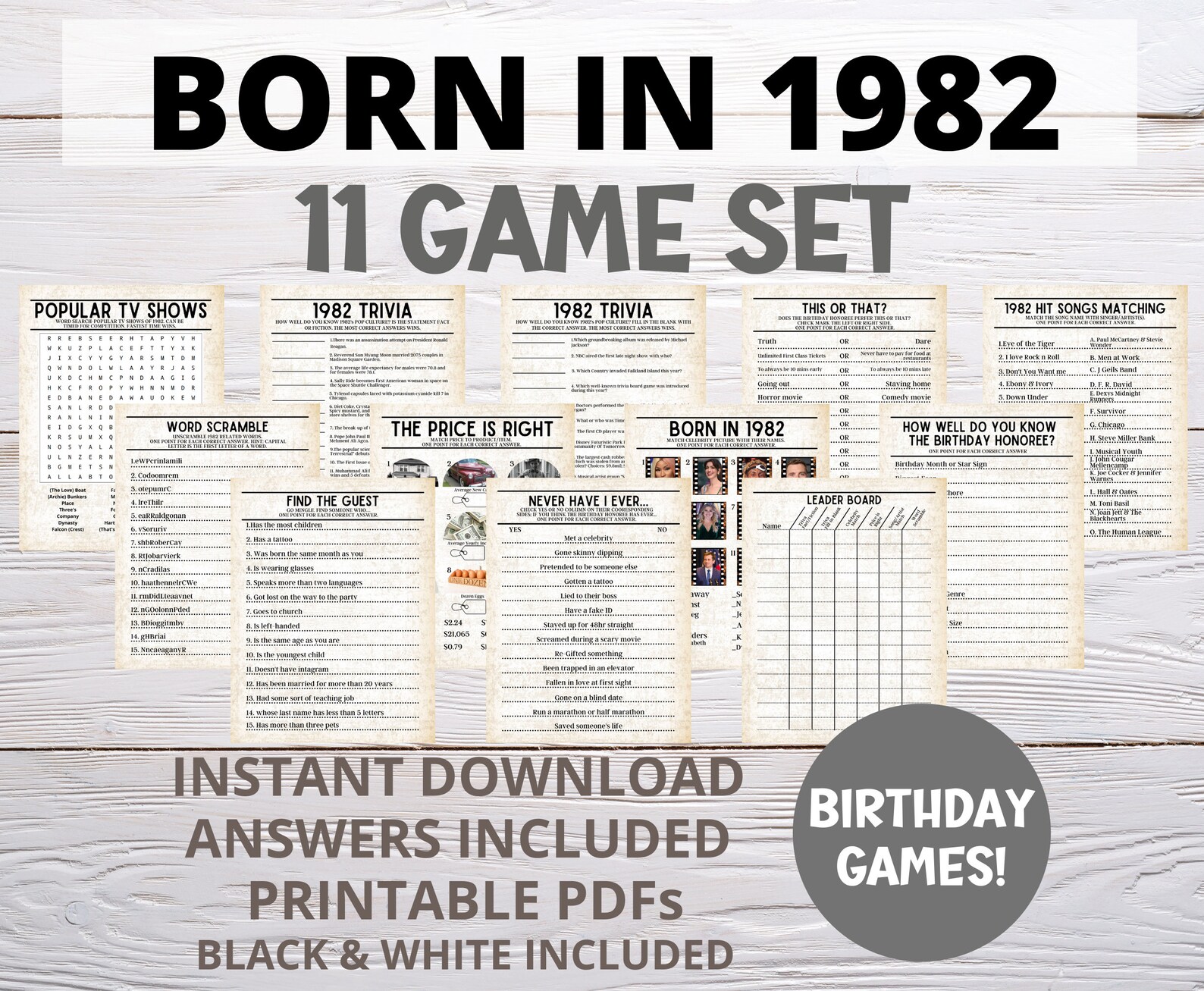PRINTABLE 40th Birthday Party Games, Born in 1982, 40th Birthday Trivia ...