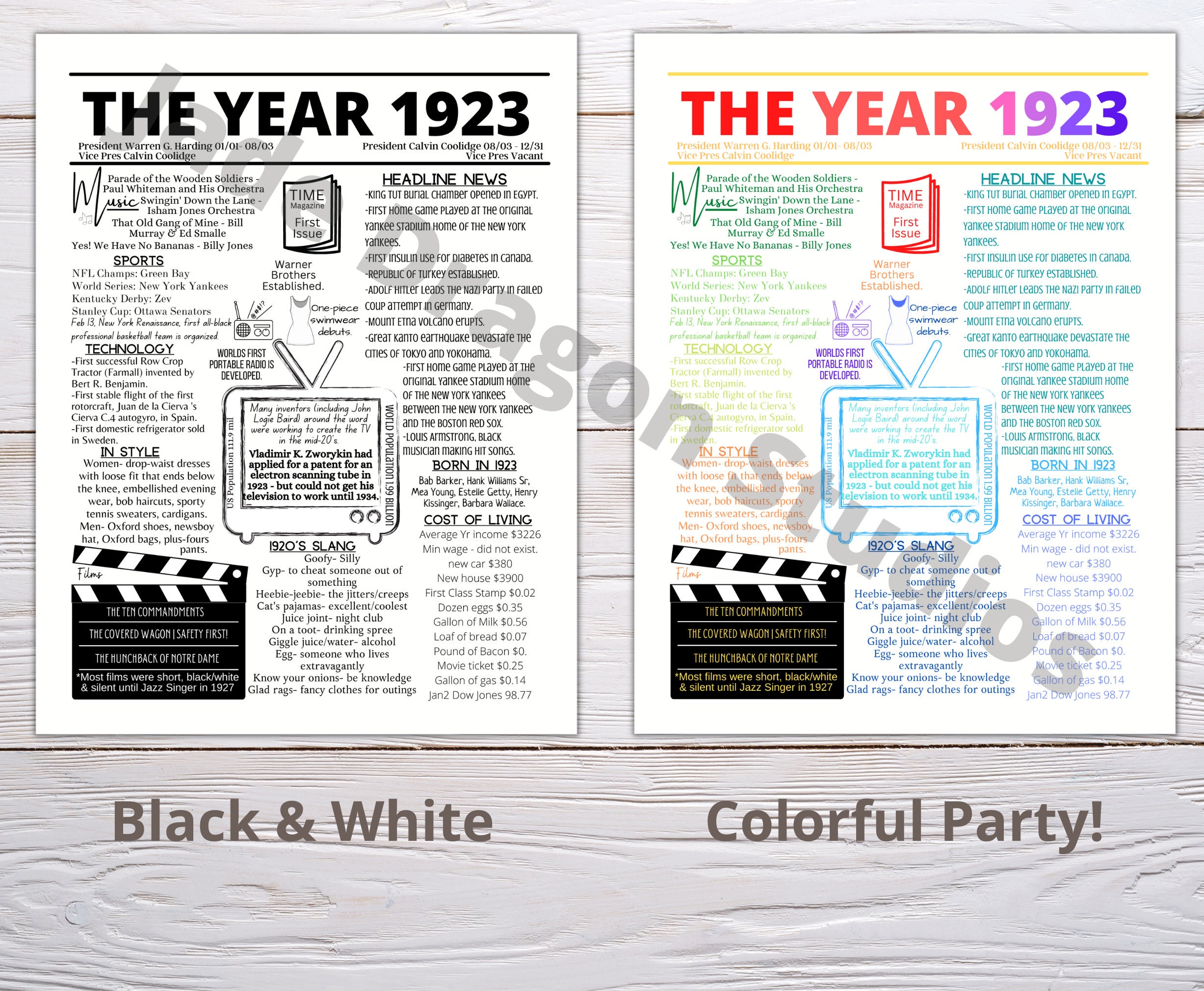 THE YEAR 1923 PRINTABLE 4set/year You Were Born/ Remember the Year When ...