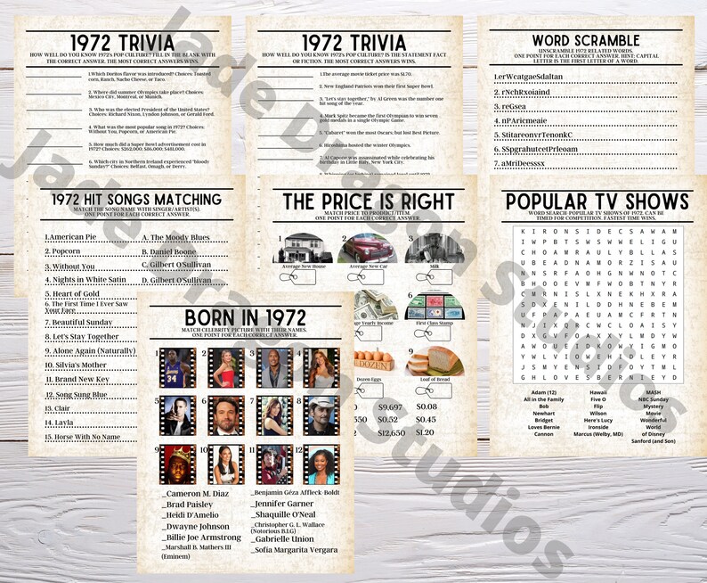 PRINTABLE 50th Birthday Party Games, Born in 1972, 50th Birthday Trivia ...