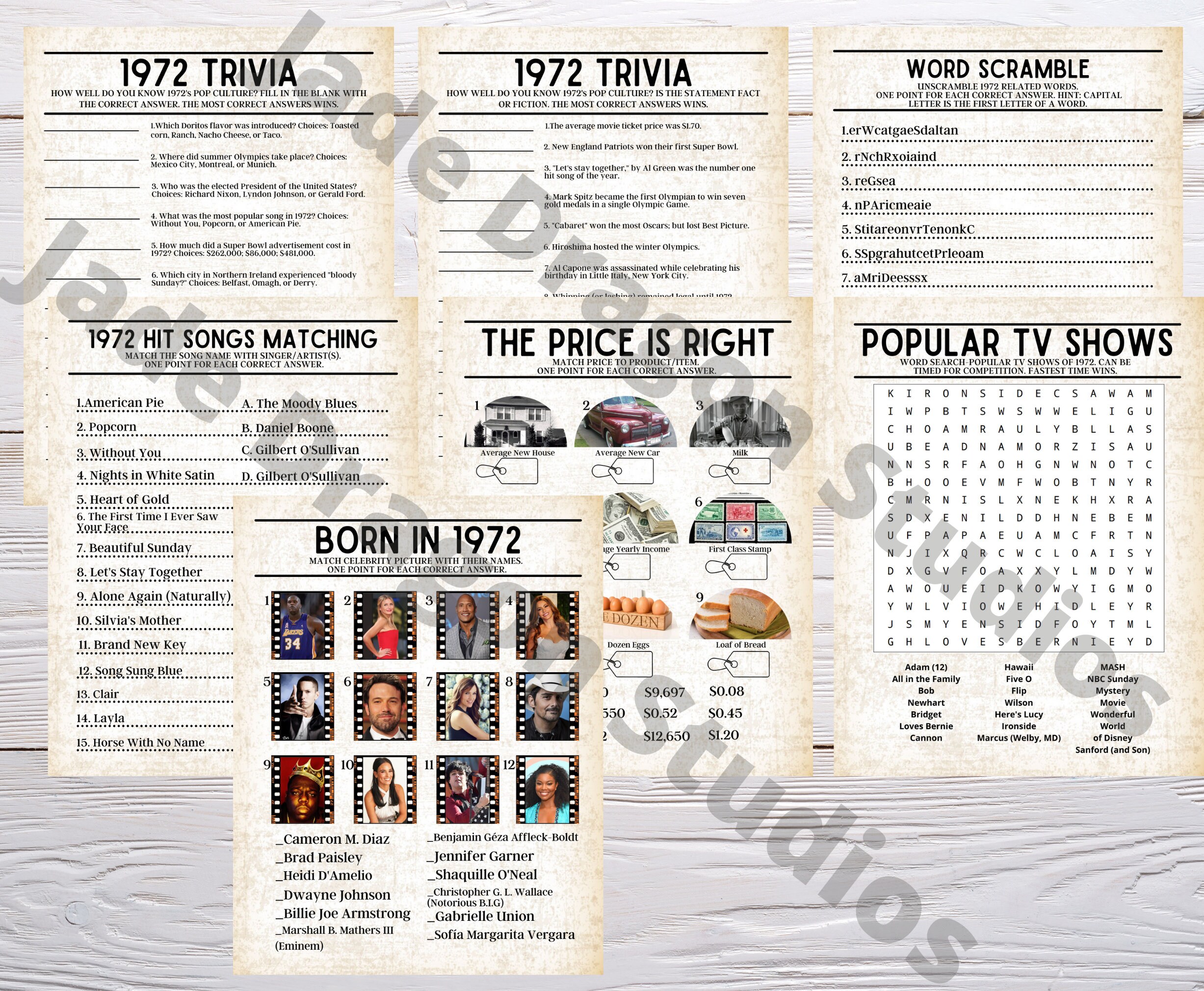 PRINTABLE 50th Birthday Party Games, Born in 1972, 50th Birthday Trivia ...