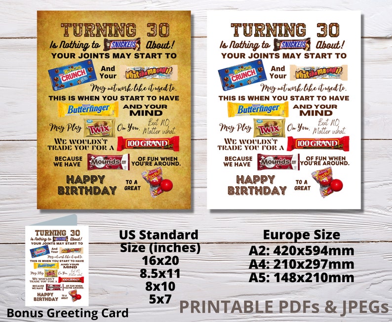 Turning 30 PRINTABLE Candy Poster | 30th Birthday Candy Sign | Birthday ...