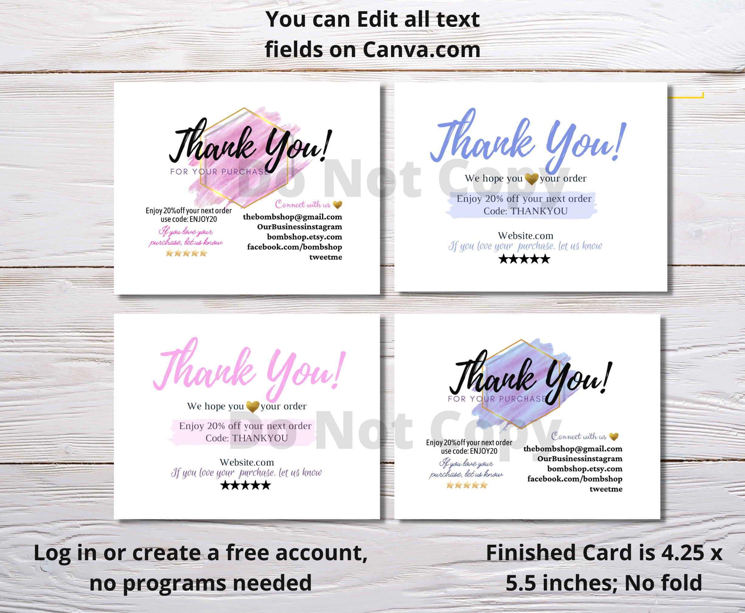 Editable FOUR (4) DIY Printable Thank You for Shopping Note for Small ...