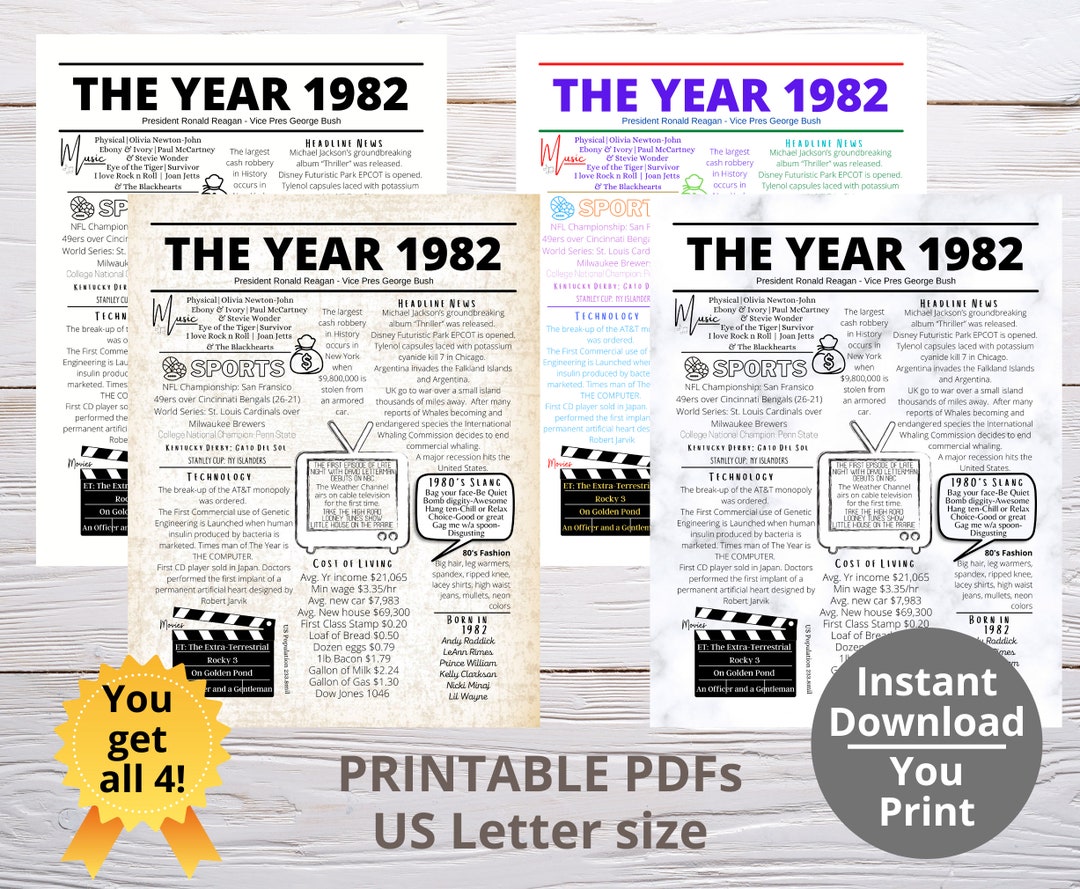THE YEAR 1982 PRINTABLE 4set/year You Were Born/ Remember the Year When ...