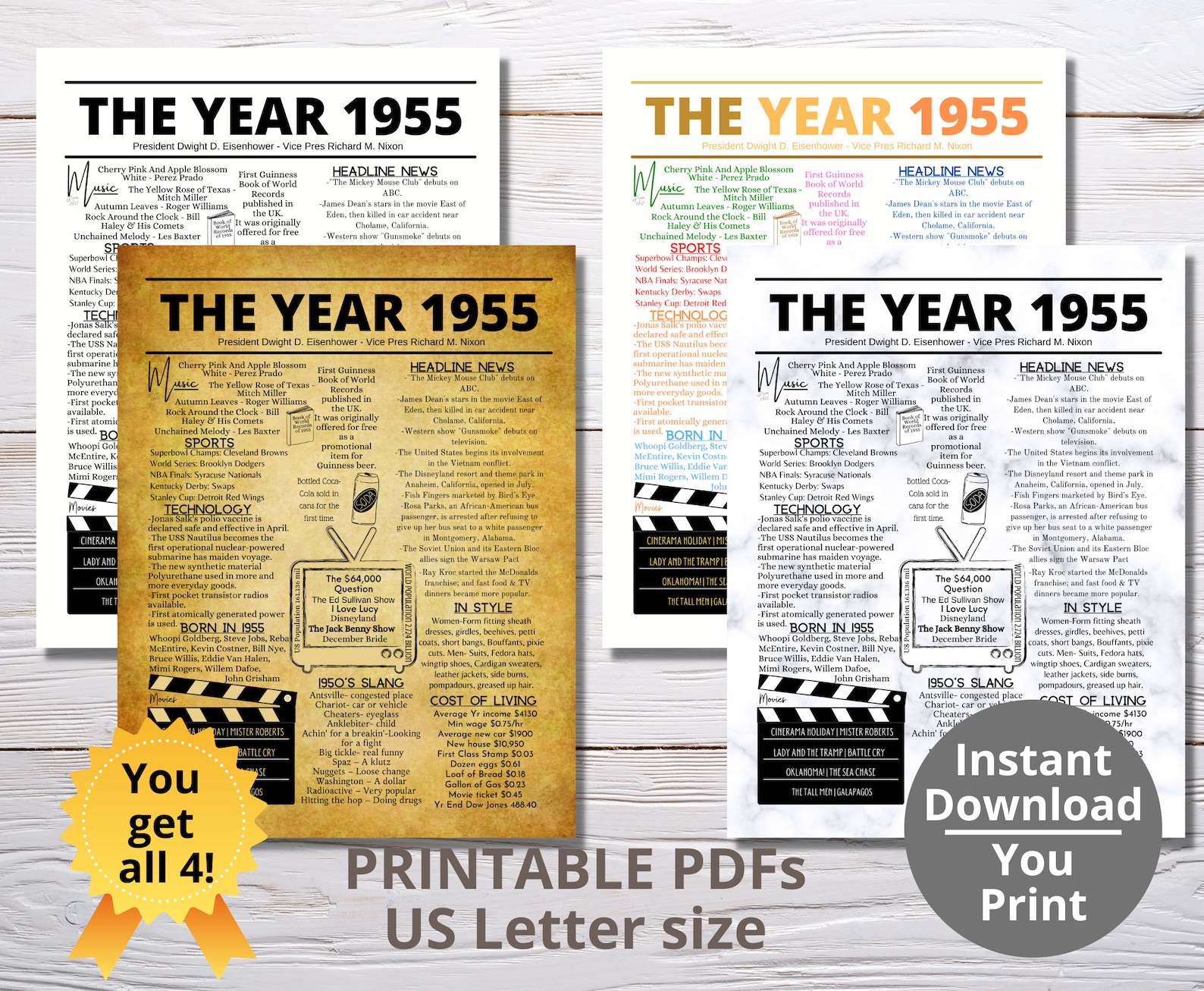 THE YEAR 1955 PRINTABLE 4set/year You Were Born/ Remember the Year When ...
