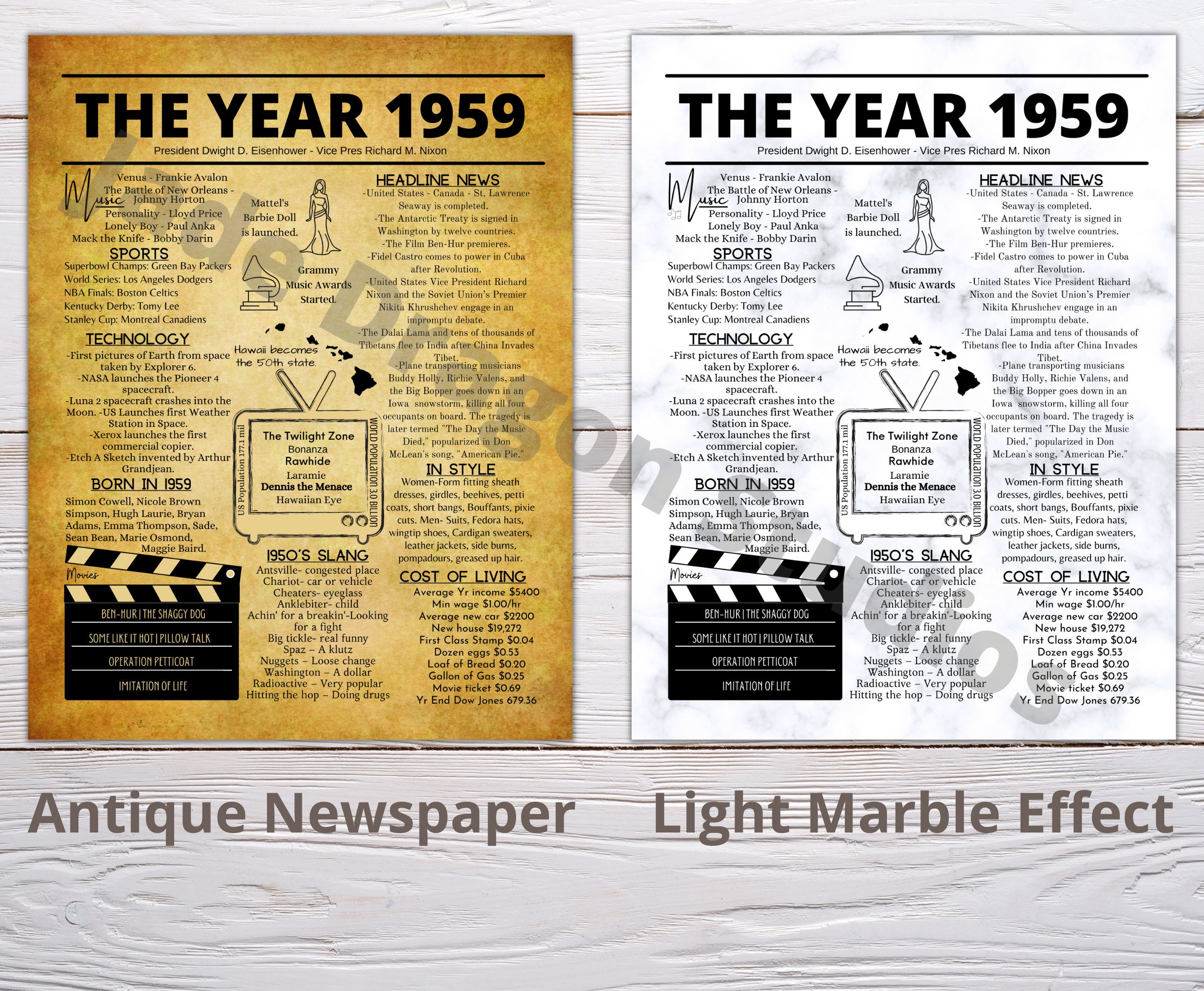 THE YEAR 1959 PRINTABLE 4set/year You Were Born/ Remember the Year When ...