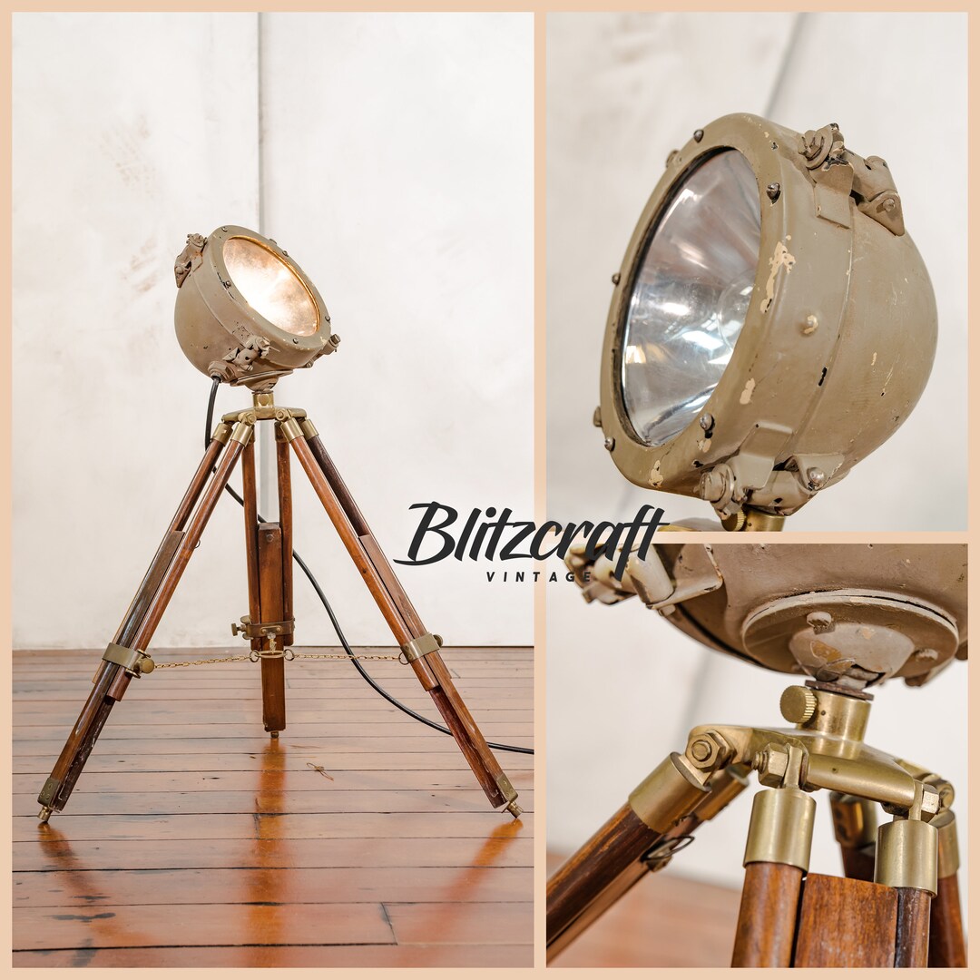 Beige Military Tank Searchlight Teak Wooden Tripod Bedside Lamp, 1940s ...