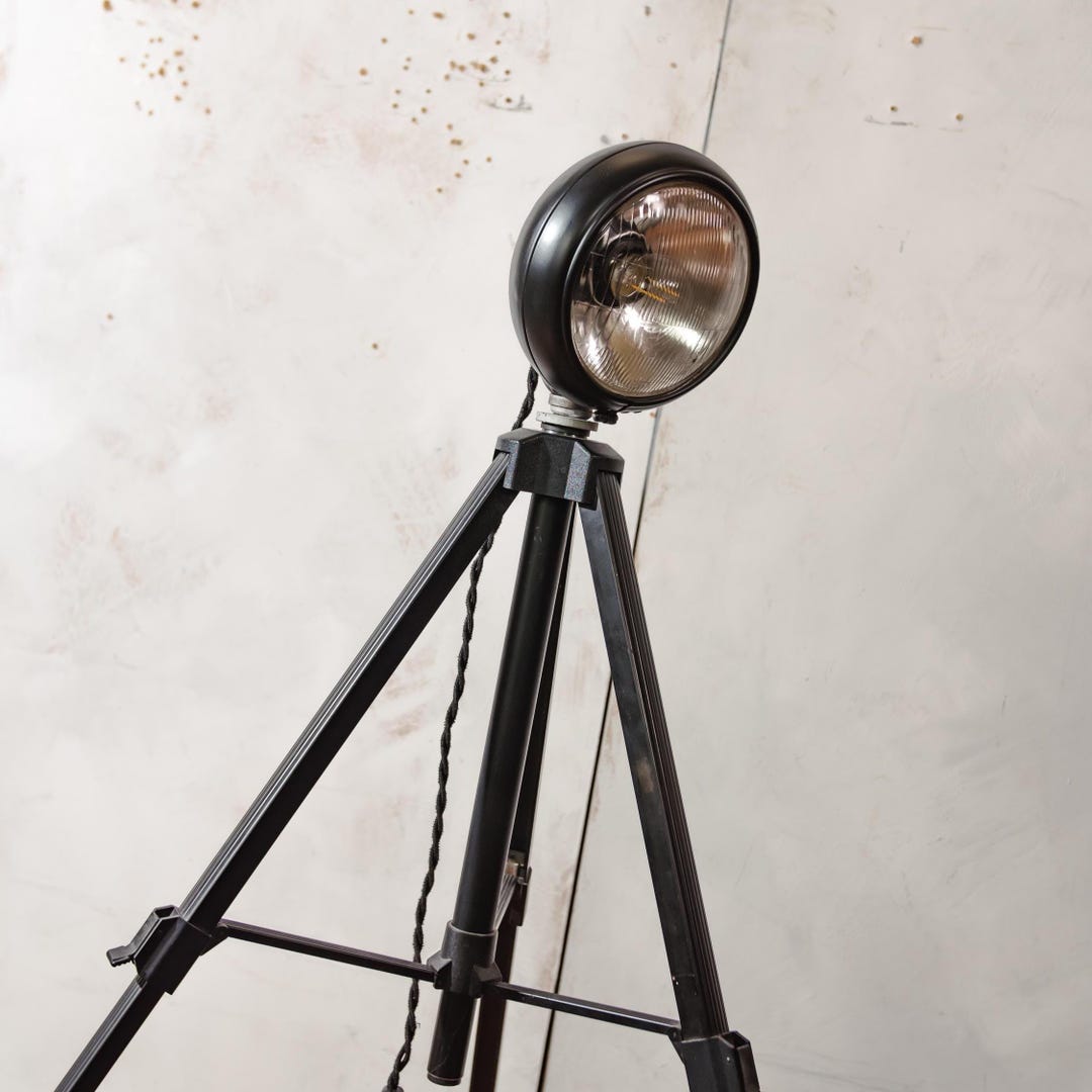 Vintage Black Headlight Table Lamp on Photography Tripod, Adjustable to ...