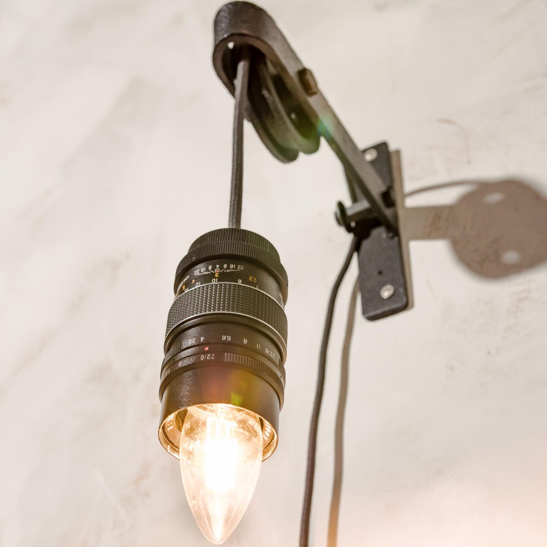 Unique Photo Camera 125 Mm Lens Wall Lamp, Upcycled Pulley Light, Gift ...