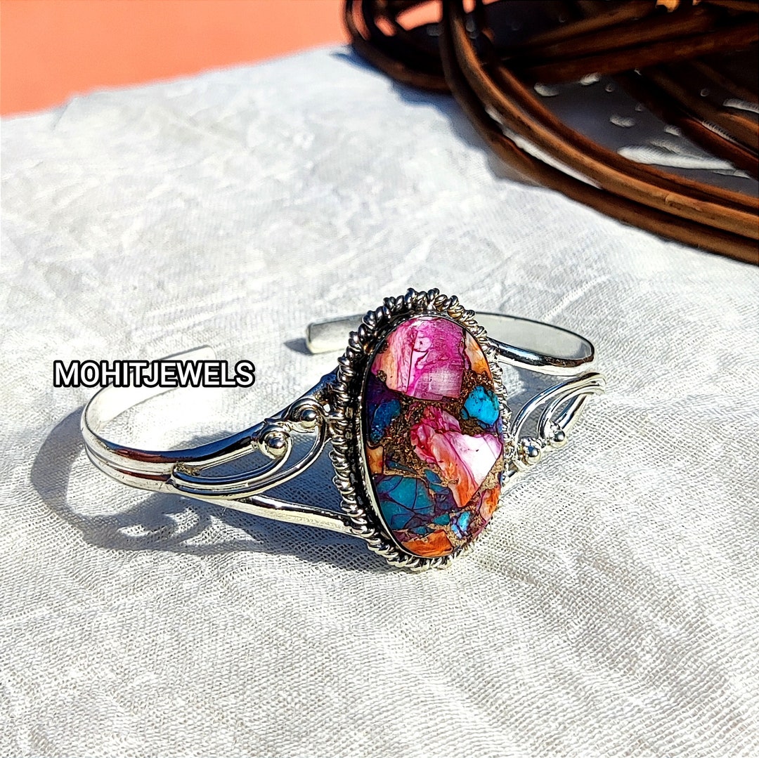 Pink Spiny Oyster Turquoise Bangle Natural Gemstone 925 - Etsy