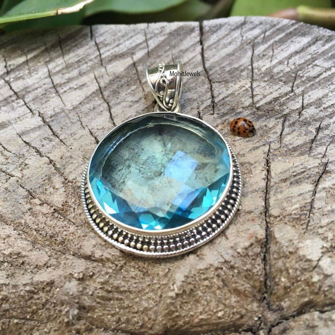 December Birthstone, Blue Topaz Pendant, Silver Plated Topaz Pendant ...