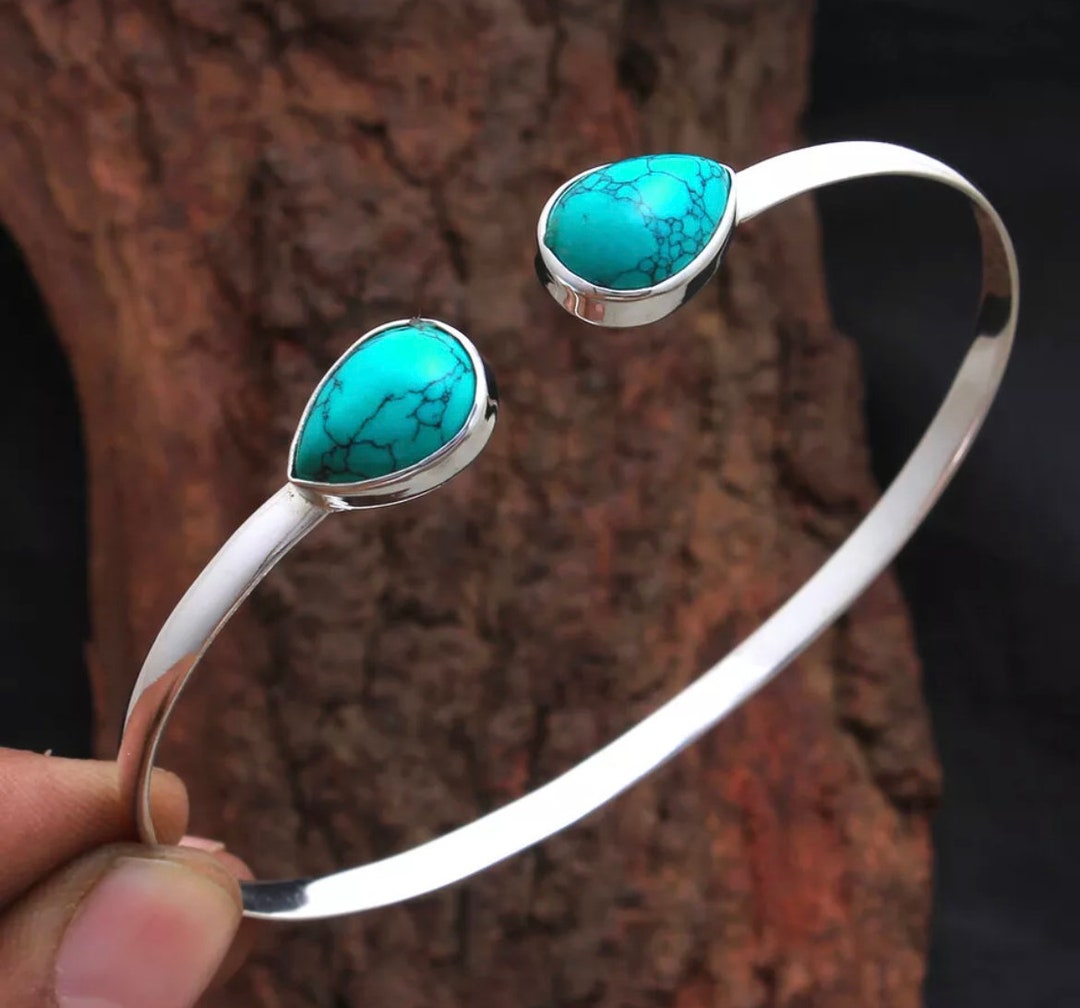 Turquoise Bangle, Two Stone Bangle, Women Bangle, 925 Silver Bangle ...