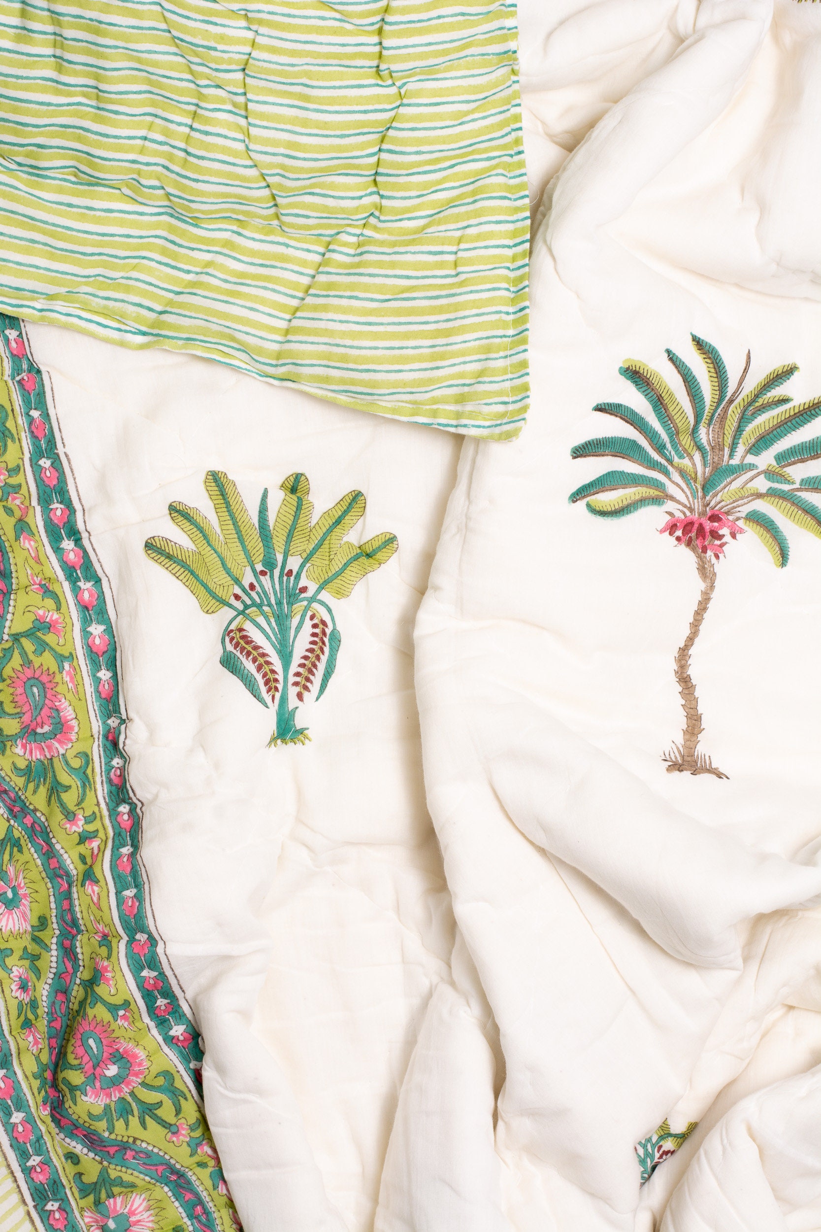Traditional Handmade Queen Quilt, Hand Block Print Cotton Quilt, Green ...