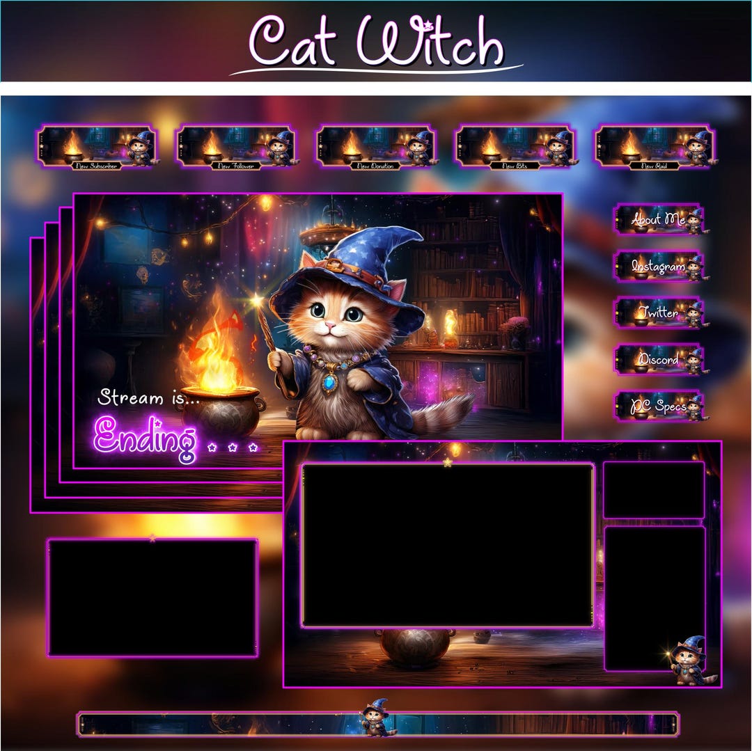 Animated Twitch Overlay Bundle | Cute Cat Witch Stream Pack | Magical ...
