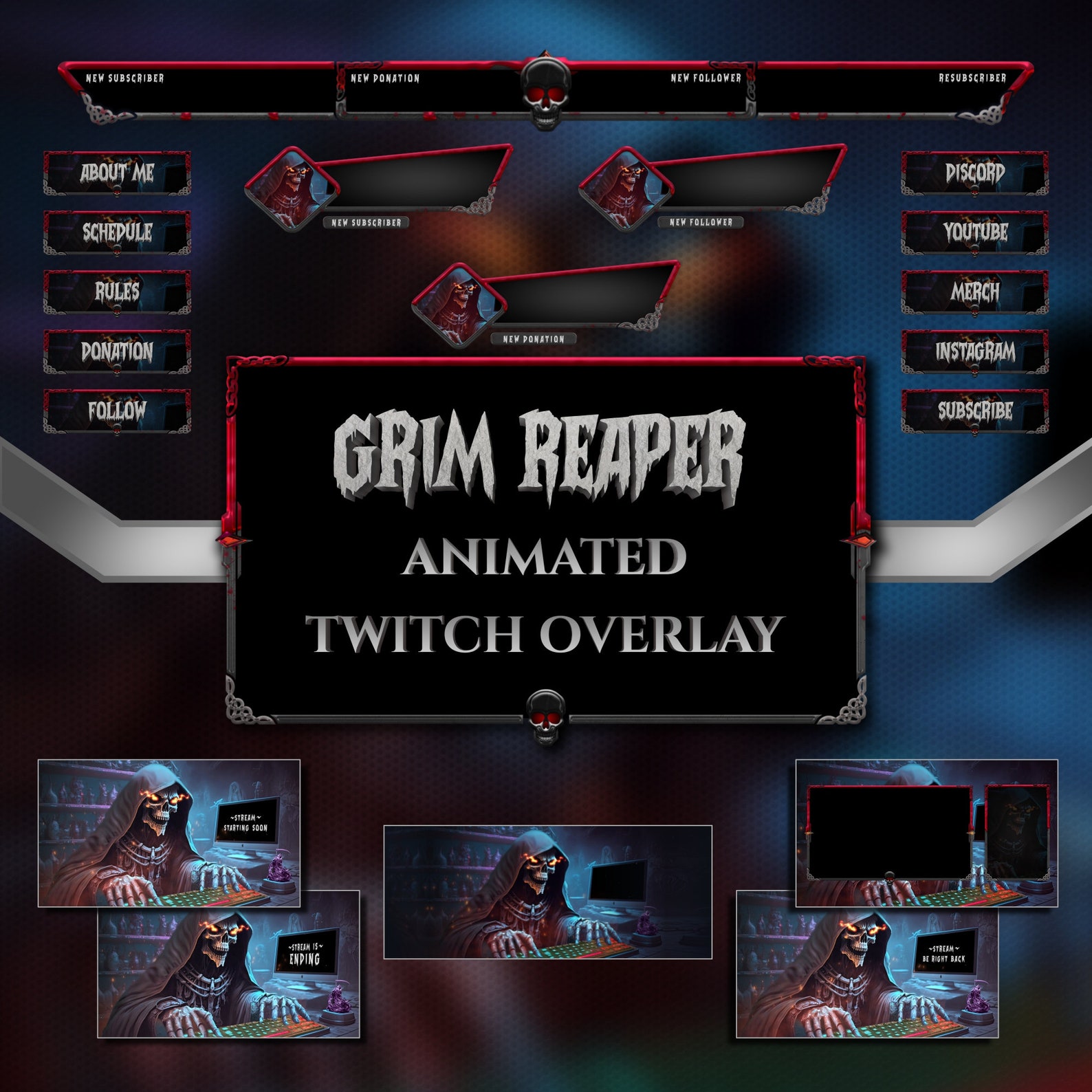 Grim Reaper Animated Twitch Overlay: Horror Stream Package (digital ...