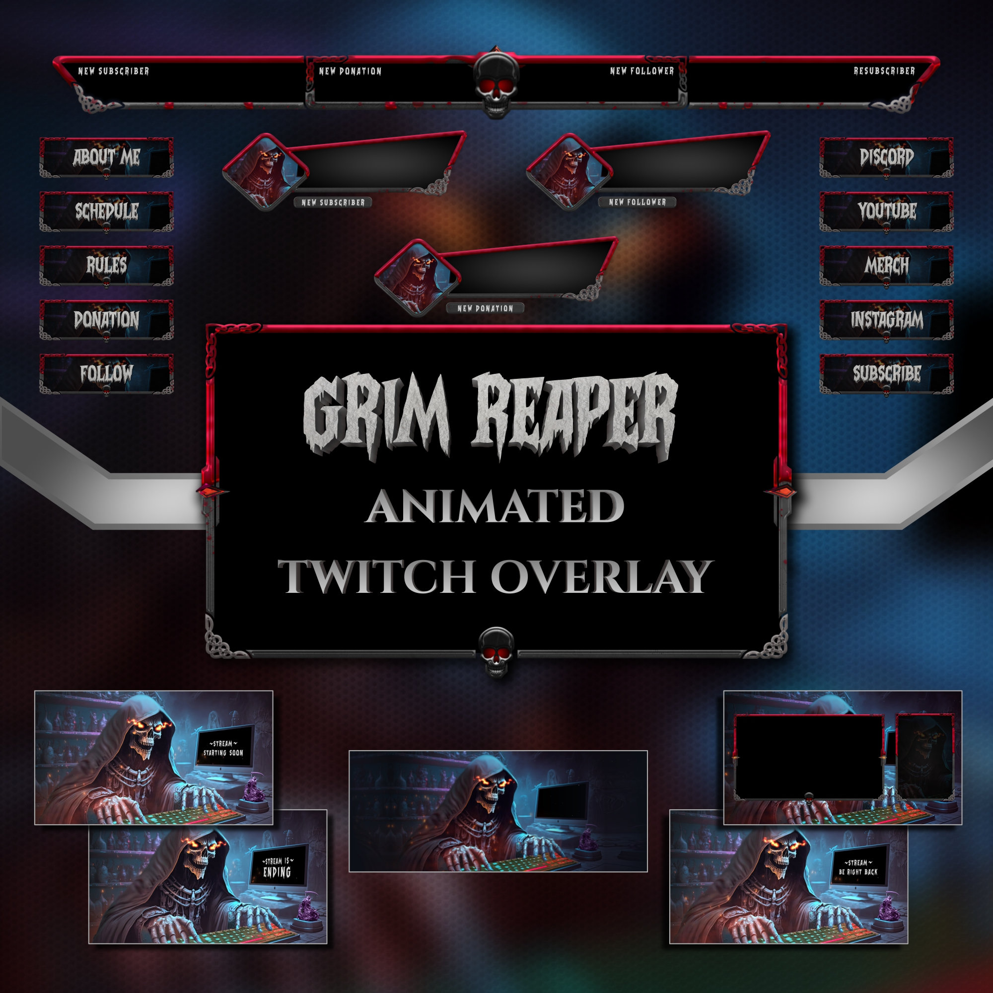 Grim Reaper Animated Twitch Overlay: Horror Stream Package (digital ...