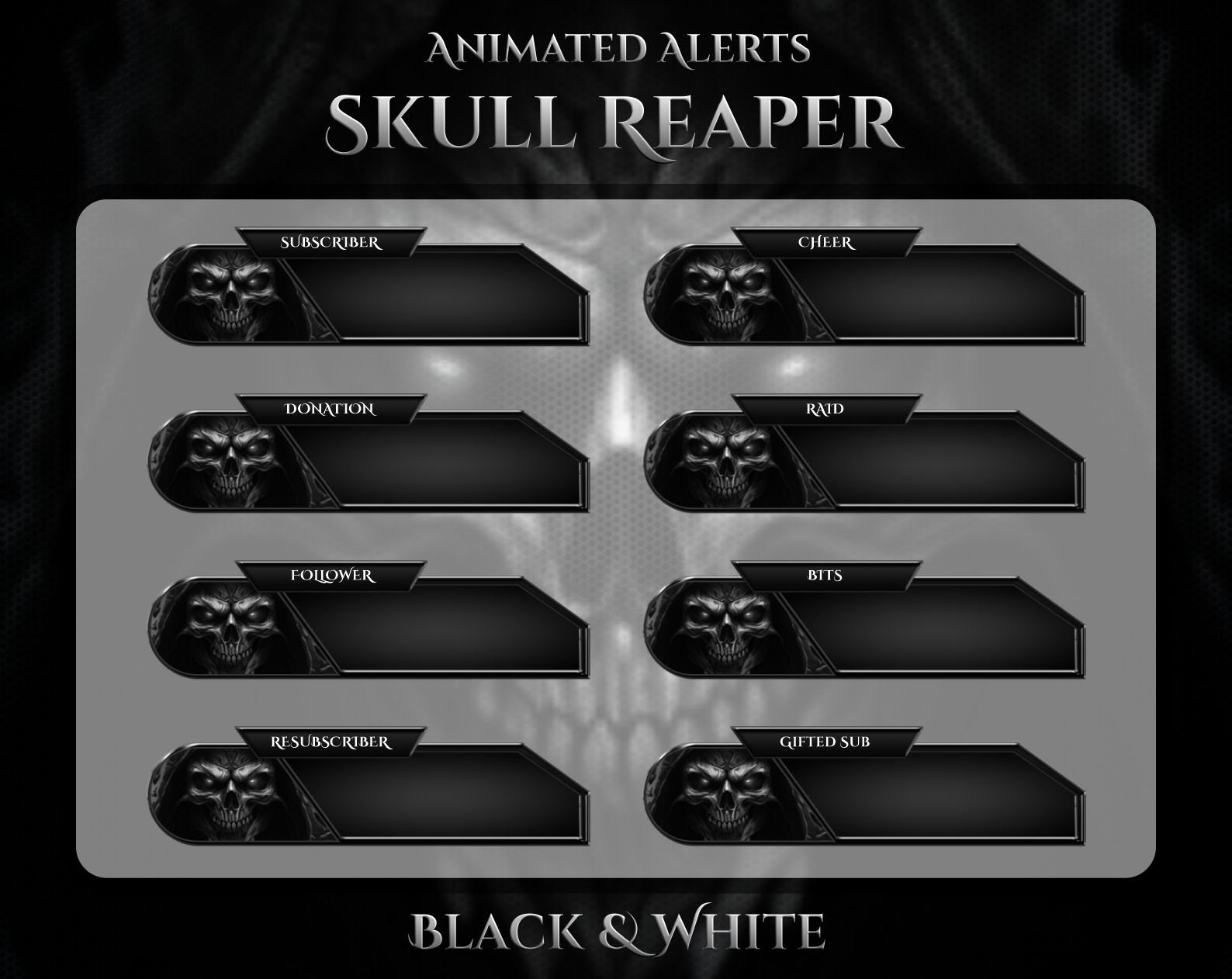 8x Animated Alerts Skull Reaper Black & White | Grayscale | BW | Grim ...