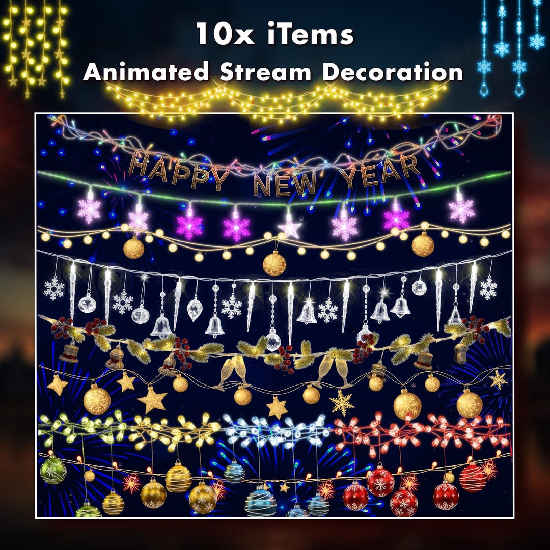 10X Items HAPPY NEW YEAR Animated Stream Decoration: Cozy Lights ...
