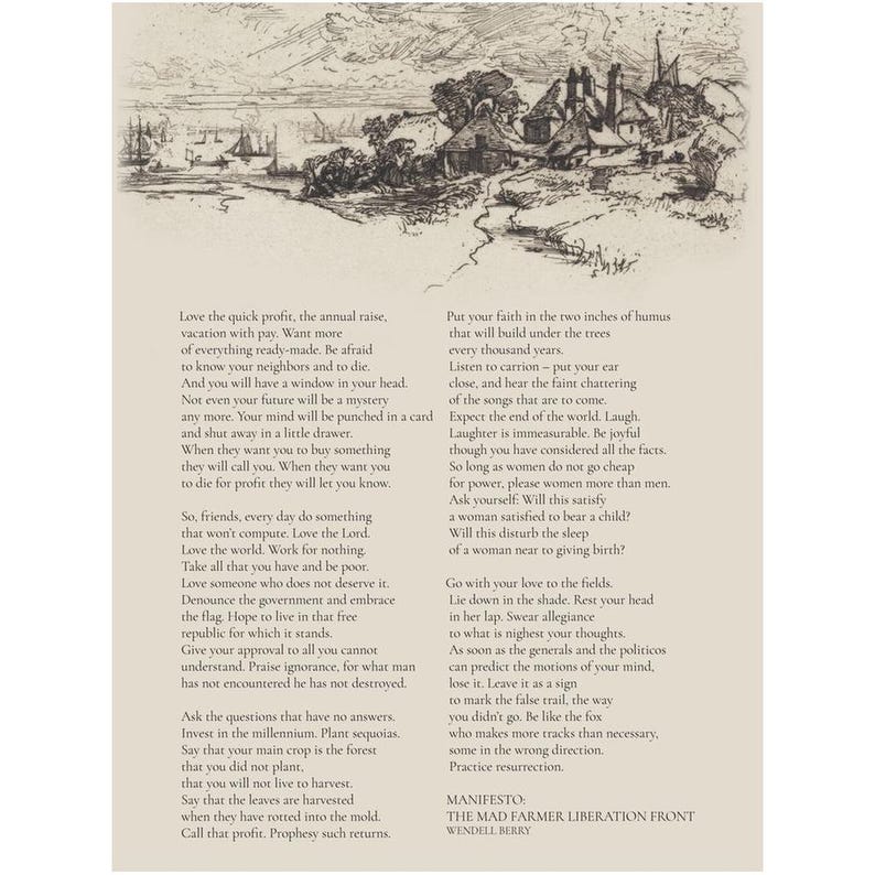 Wendell Berry Poem Art Print | Manifesto: Mad Farmer Liberation Front ...