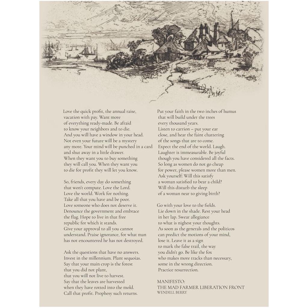Wendell Berry Poem Art Print | Manifesto: Mad Farmer Liberation Front ...