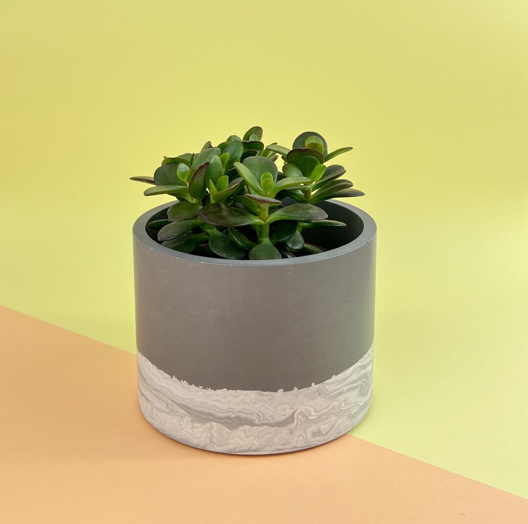Planter, Plant Pot, Cylinder, Colour-blocking, Grey Marble ...