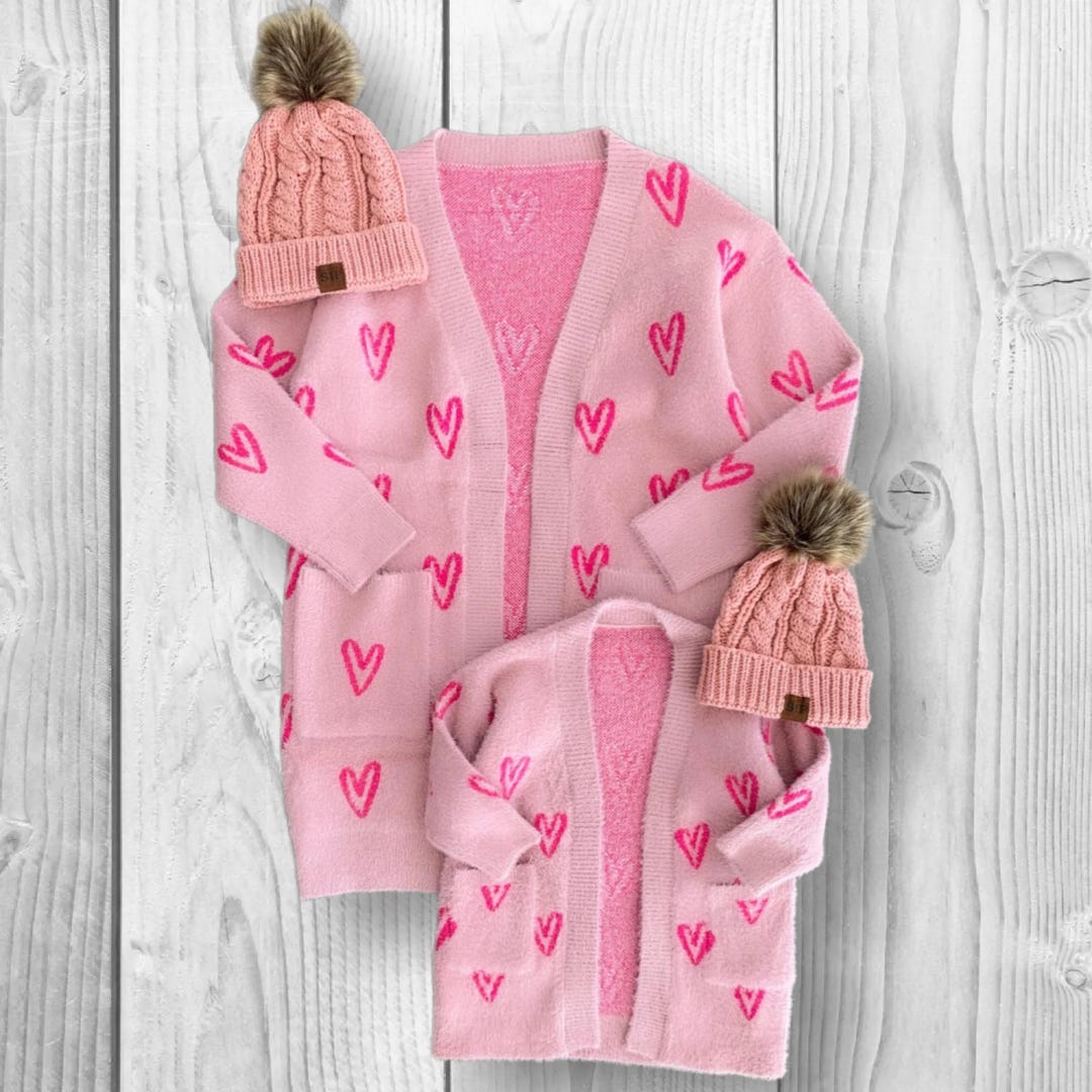 RESTOCKED! Mommy & Mini Pink Heart Cardigan, Matching Mommy and Me, Boutique Long Sleeve ...