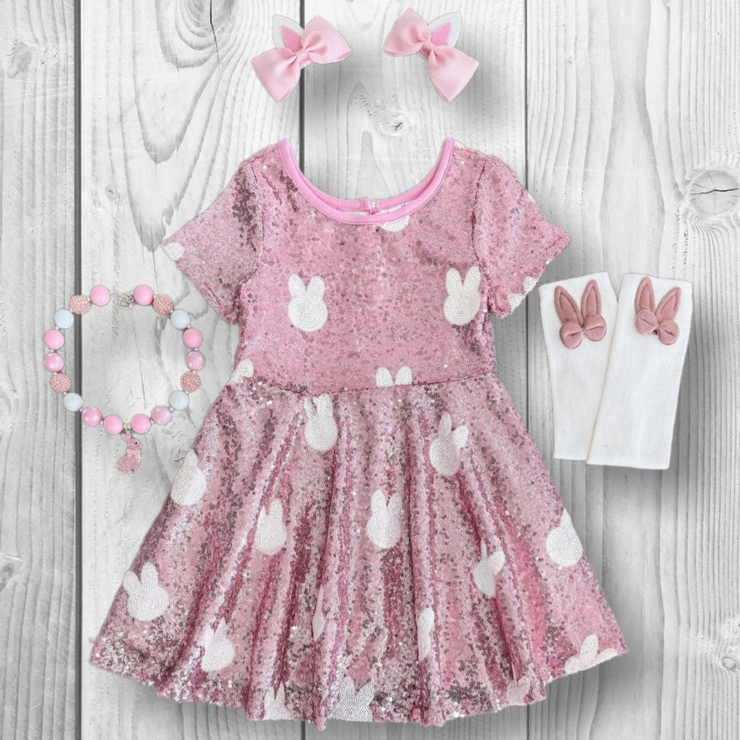 Pink Sequin Bunny Dress, Girls Spring Easter Outfit, Toddler Baby Cute ...