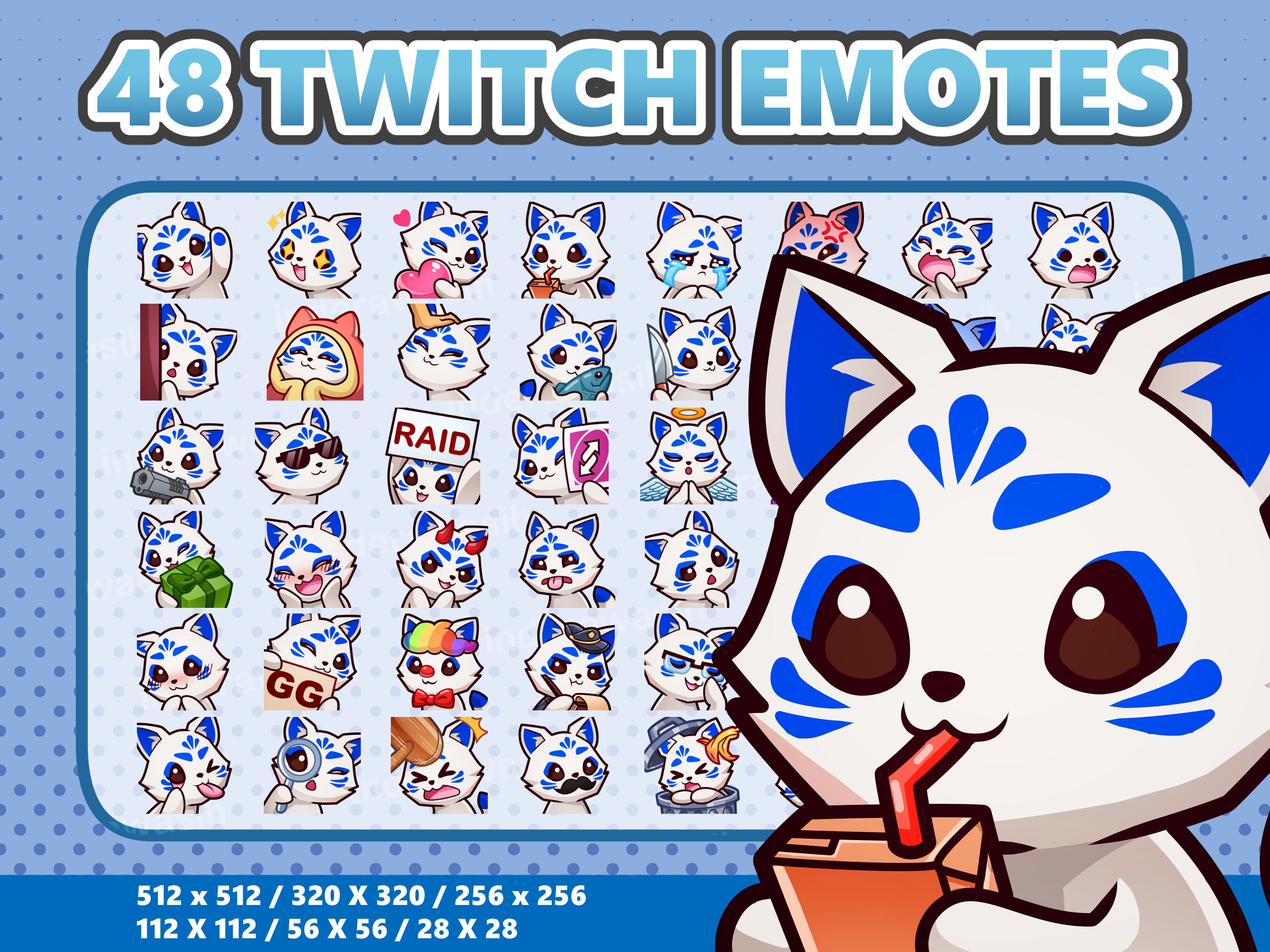 Mega 48 Emote Bundle Blue Kitsune Kawaii Twitch Discord - Etsy
