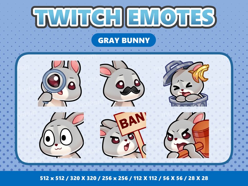 Gray Bunny Kawaii Emotes Pack 8 Twitch Discord Youtube Streamer Cute ...