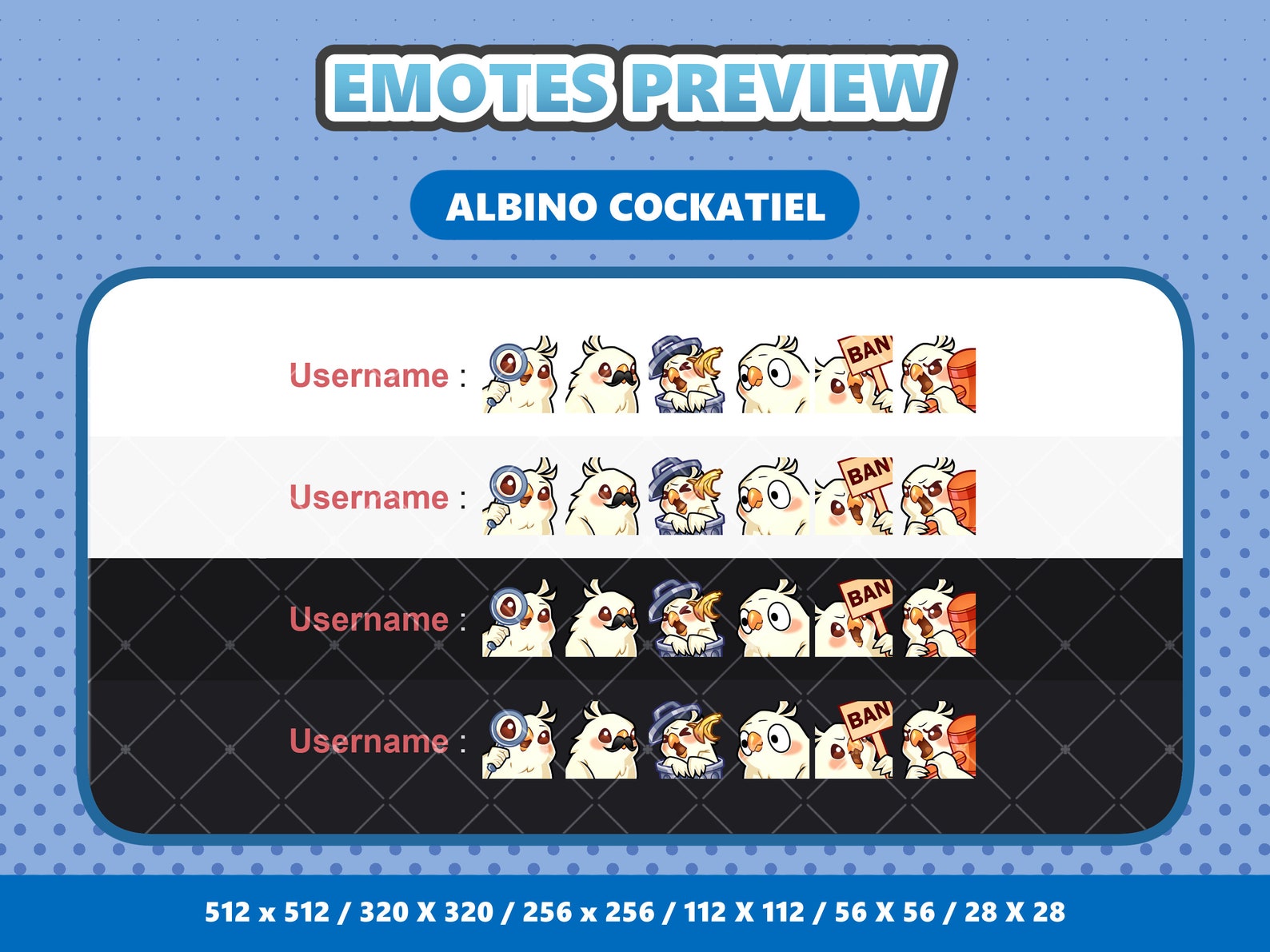 Albino Cockatiel Bird Kawaii Emotes Pack 8 - Twitch | Discord | Youtube ...