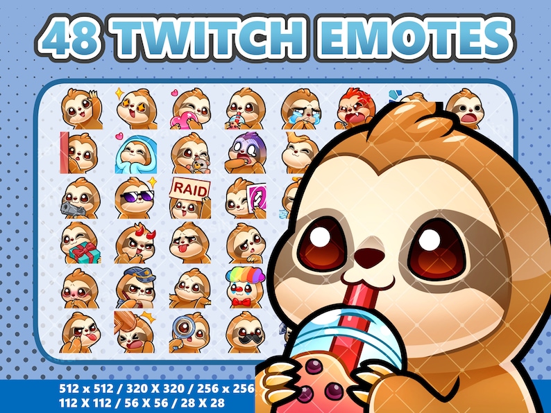 Mega 48 Emote Bundle Little Sloth Kawaii Twitch Discord Youtube ...