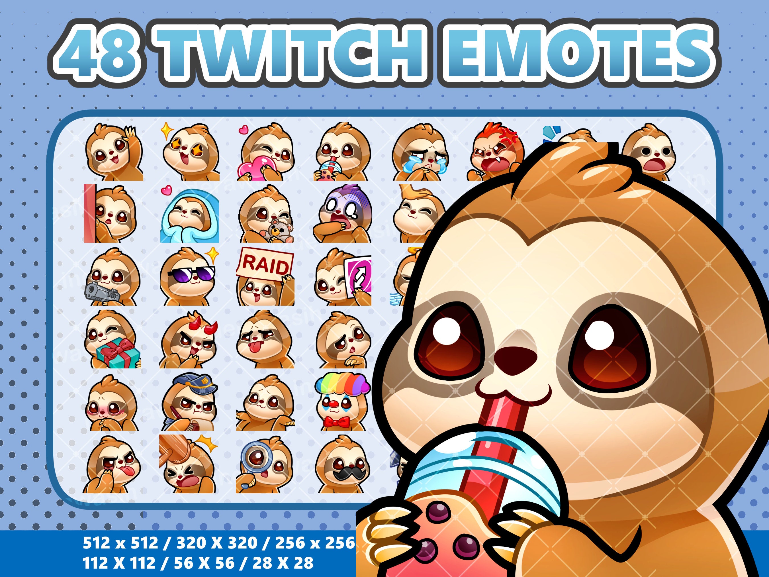 Mega 48 Emote Bundle Little Sloth Kawaii Twitch Discord Youtube ...