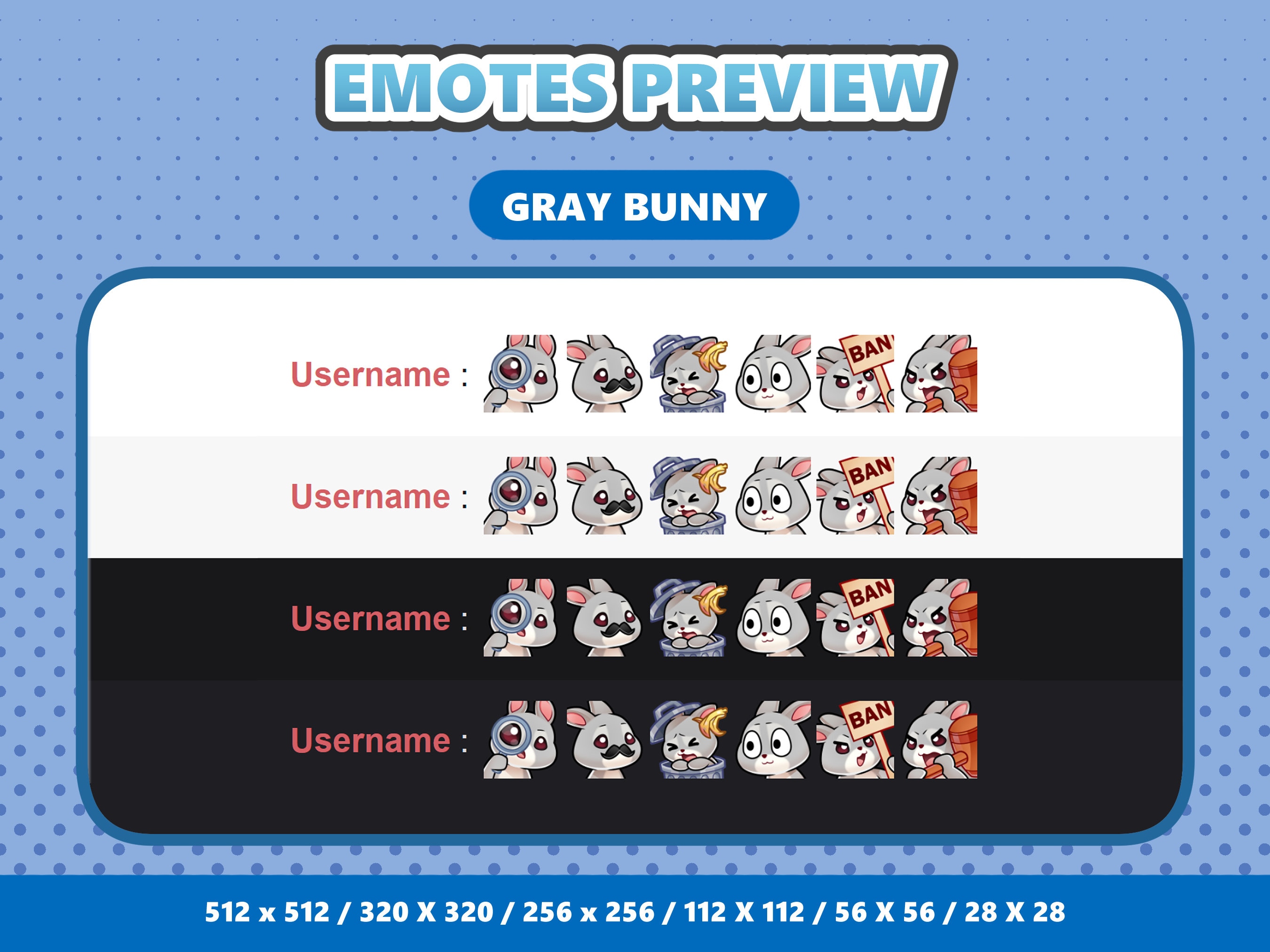 Gray Bunny Kawaii Emotes Pack 8 Twitch Discord Youtube Streamer Cute ...