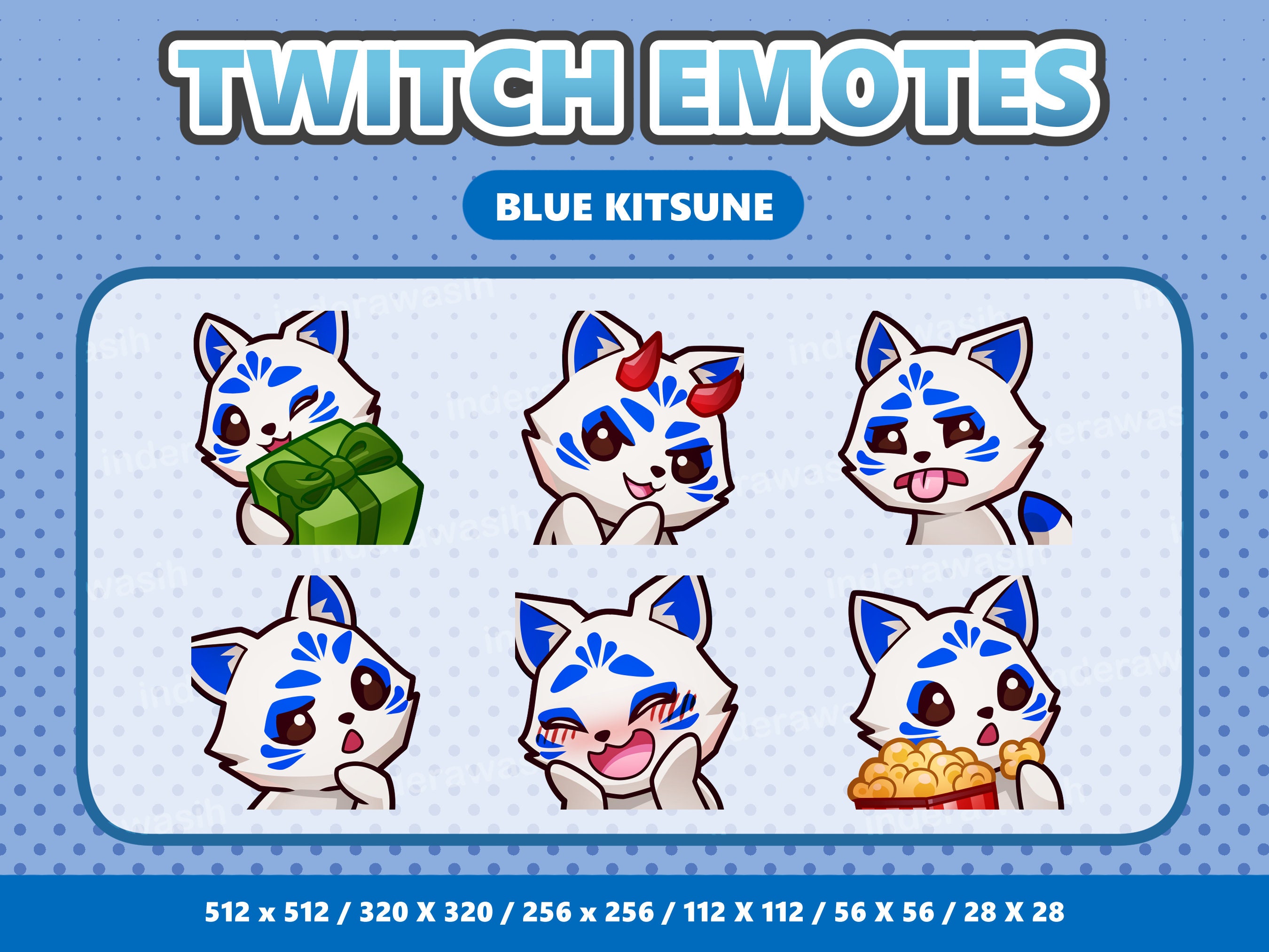 Blue Kitsune Kawaii Emotes Pack 5 Twitch Discord Youtube Streamer Cute ...