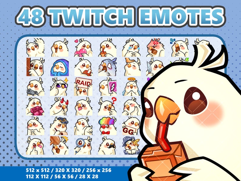 Mega 48 Emote Bundle Albino Cockatiel Bird Kawaii - Twitch | Discord ...