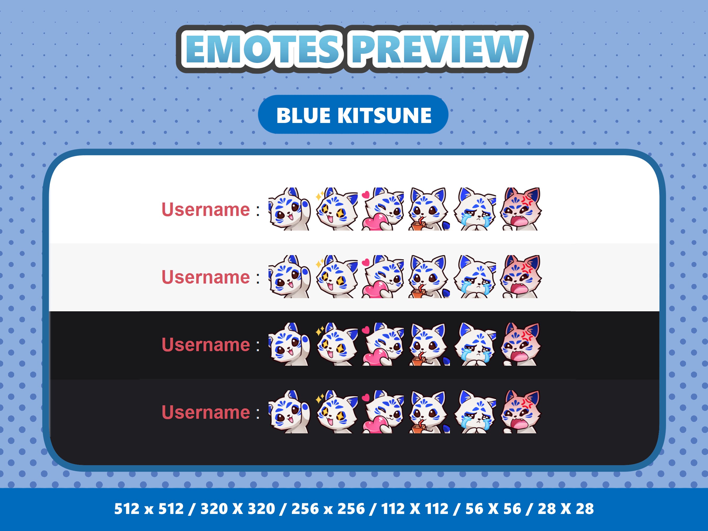 Blue Kitsune Kawaii Emotes Pack 1 Twitch Discord Youtube Streamer Cute ...