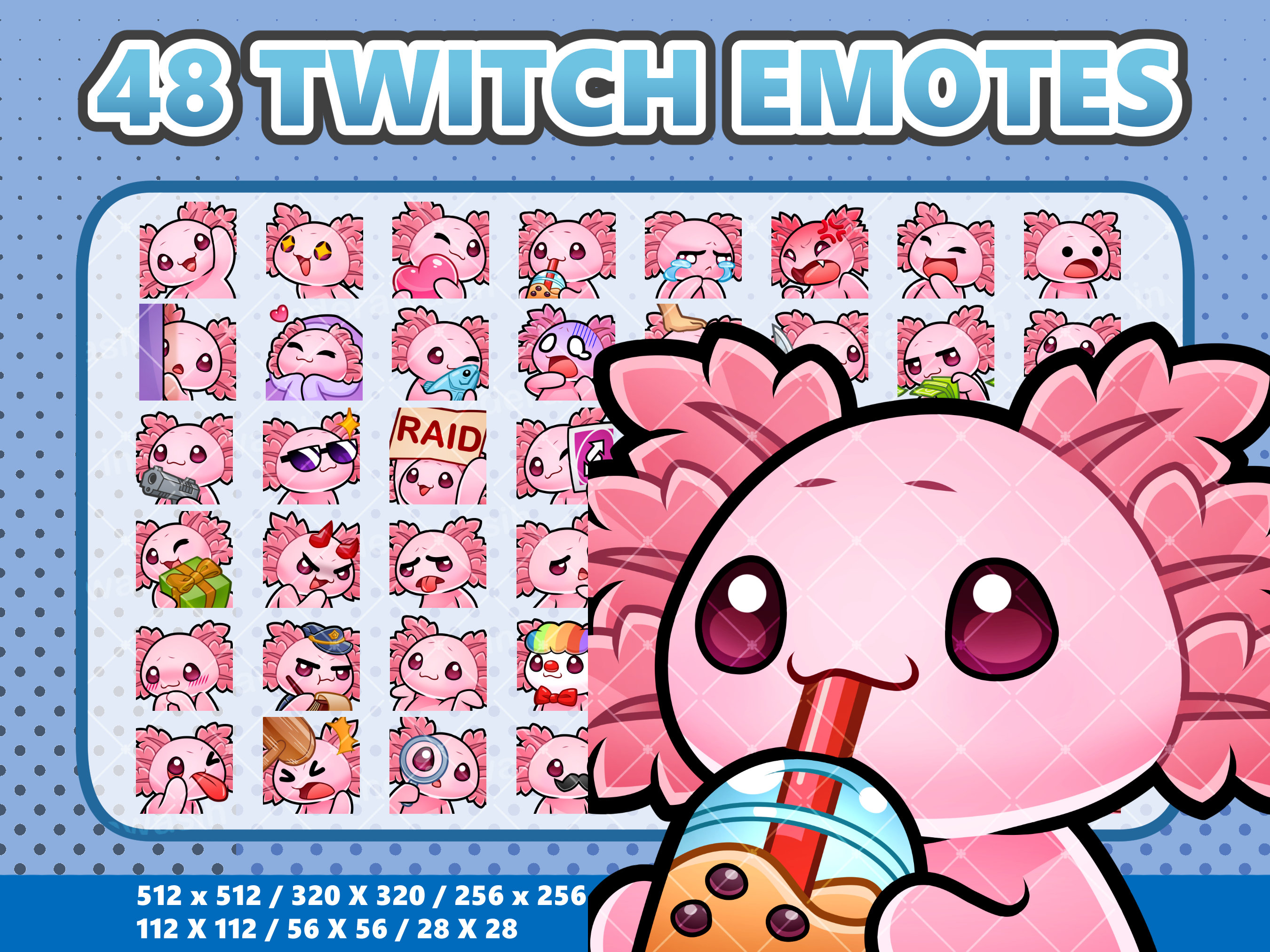 Mega 48 Emote Bundle Little Axolotl Kawaii Twitch Discord Youtube ...