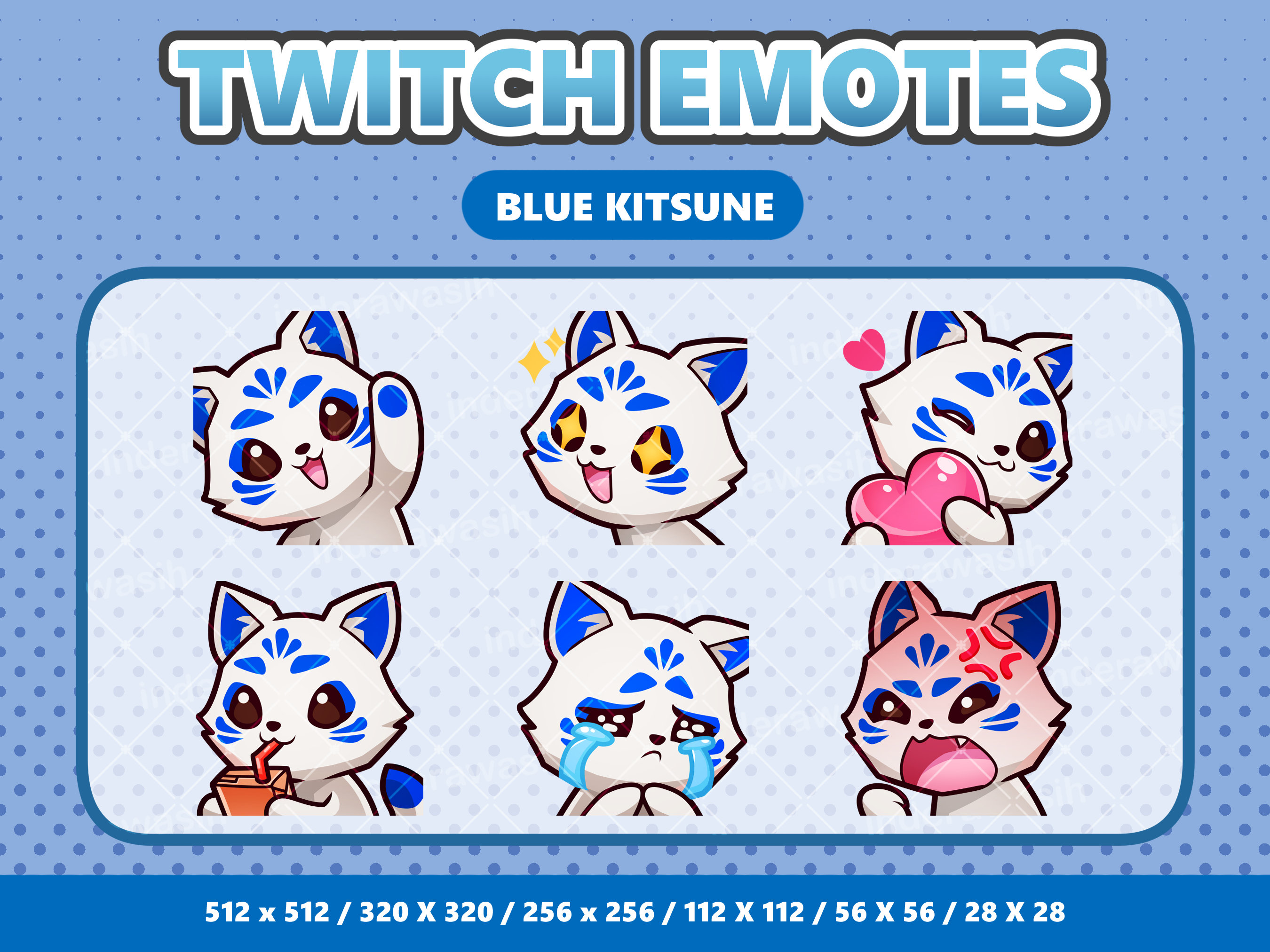 Blue Kitsune Kawaii Emotes Pack 1 Twitch Discord Youtube Streamer Cute ...