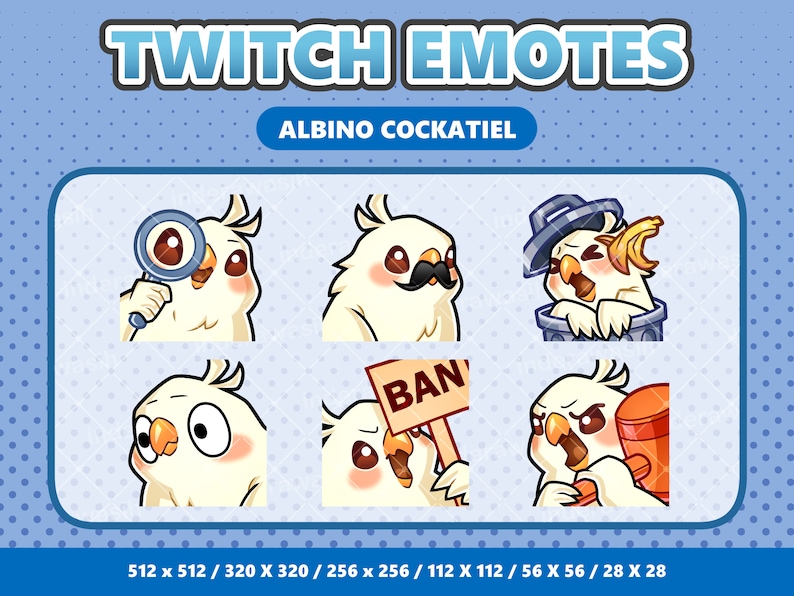 Albino Cockatiel Bird Kawaii Emotes Pack 8 - Twitch | Discord | Youtube ...