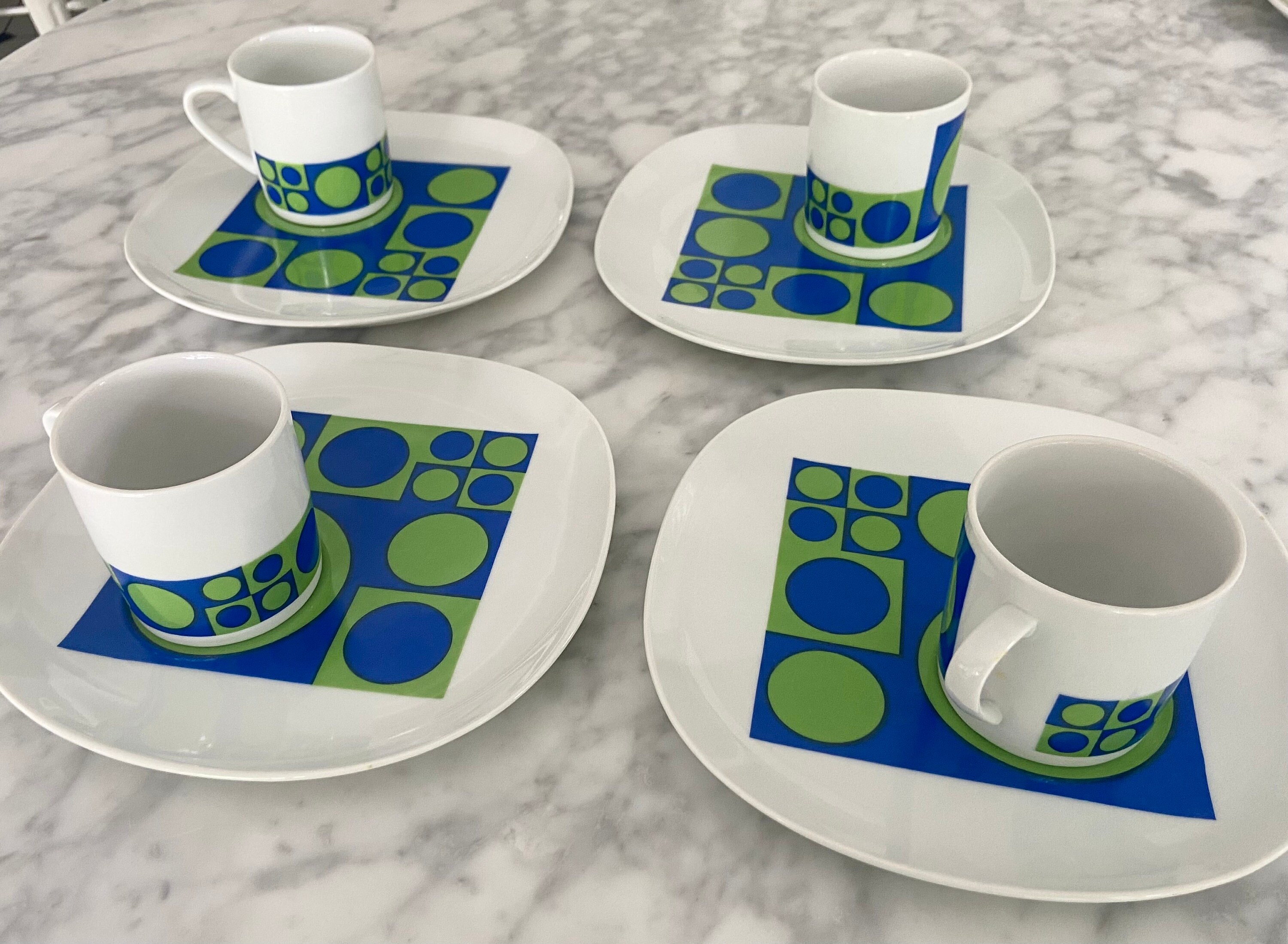 4 MCM Geometric Snack Sets. Porcelain. Blue and Green Modernism. Jonas ...