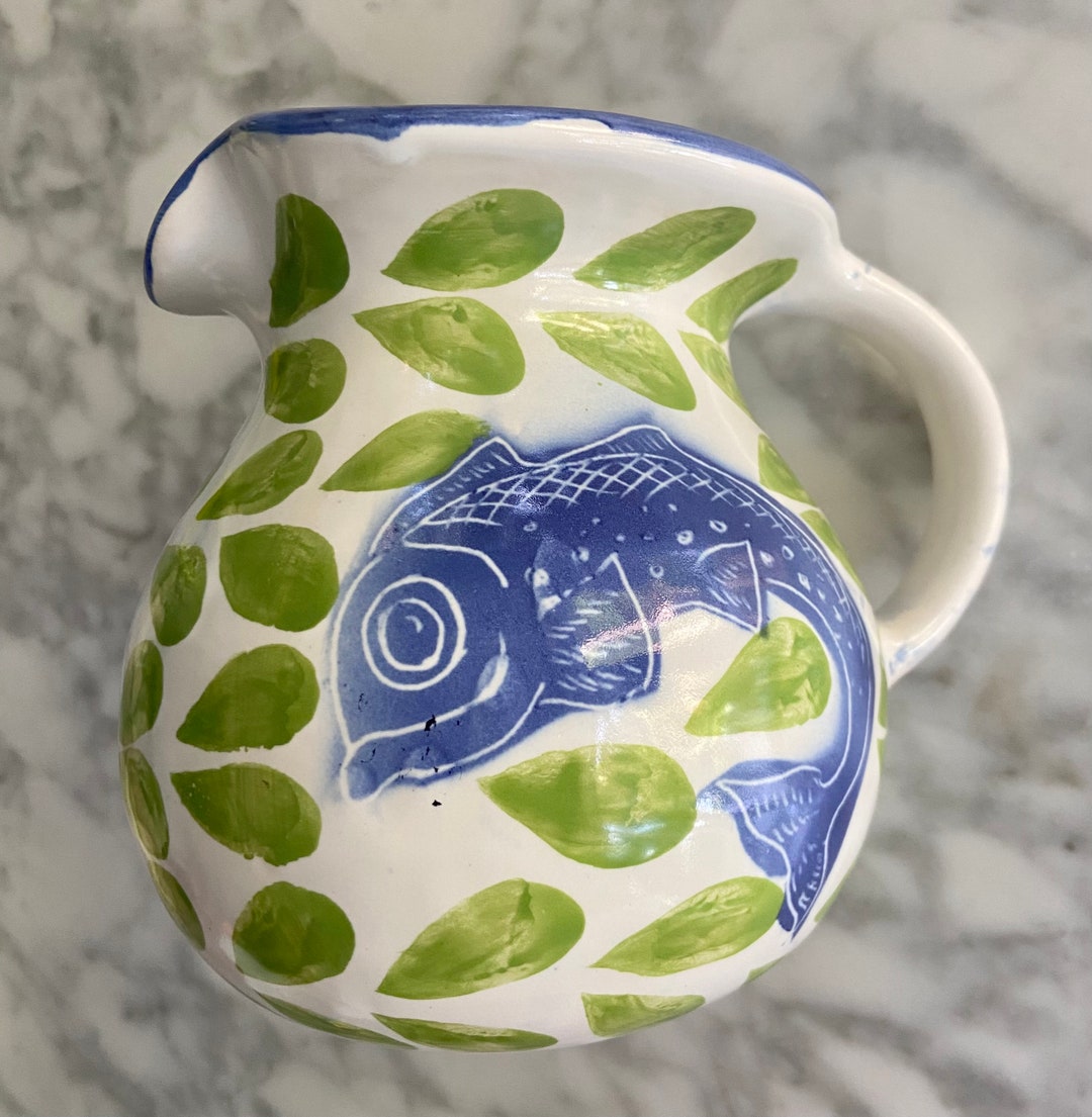 Blue Fish Pitcher With Green Leaves Perfect Condition - Etsy