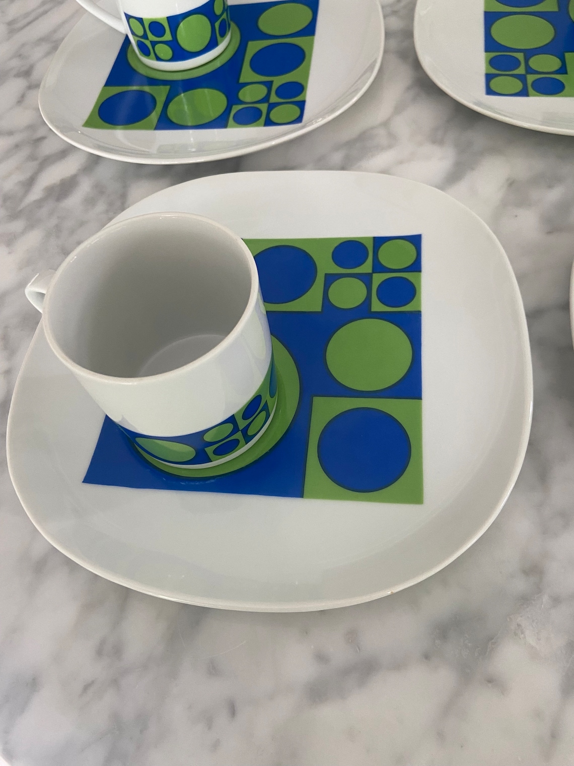 4 MCM Geometric Snack Sets. Porcelain. Blue and Green Modernism. Jonas ...