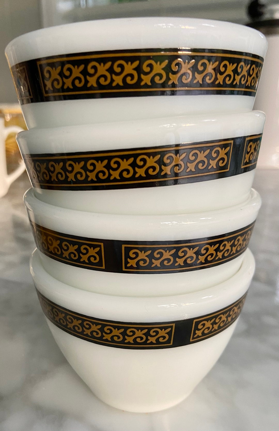 RARE 1970s Corning Pyrex Ebony Fleur-de-lis Small Bowls / White Black ...