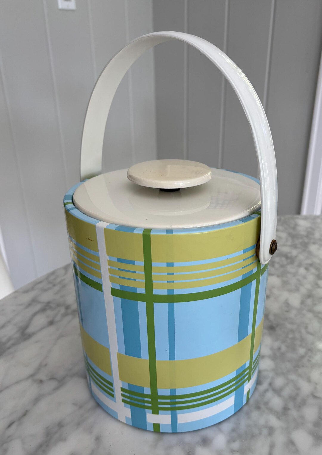 Vintage MCM Ice Bucket With Pastel Plaid Design - Vinyl, Plastic, and ...