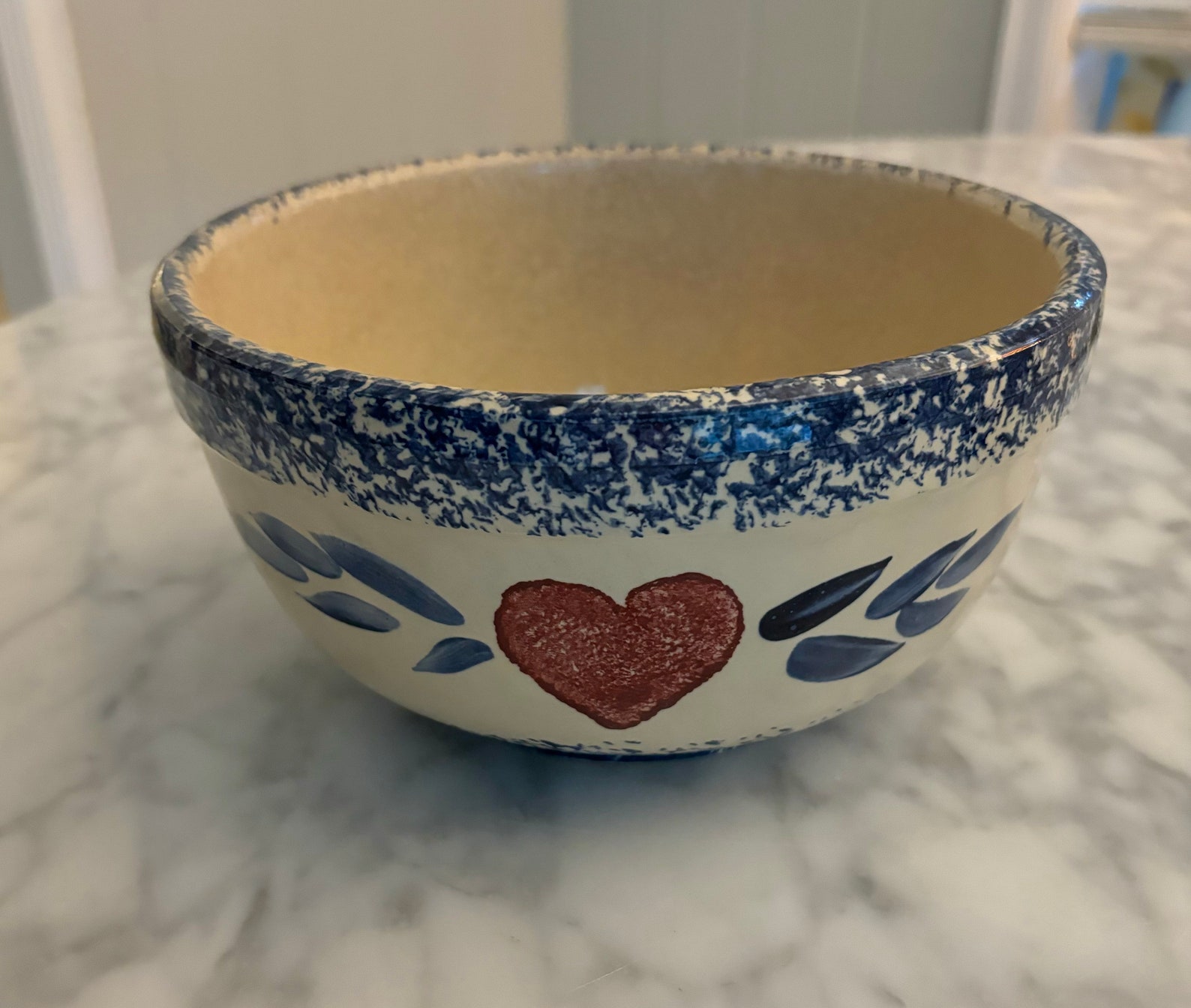 Vintage Bowl With Blue Sponge Glaze and Red Heart / Heavy Stoneware ...