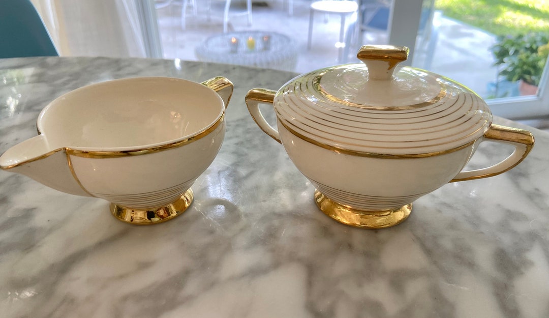 King Quality Hand Painted Vintage Gold Porcelain Sugar Dish and Creamer ...