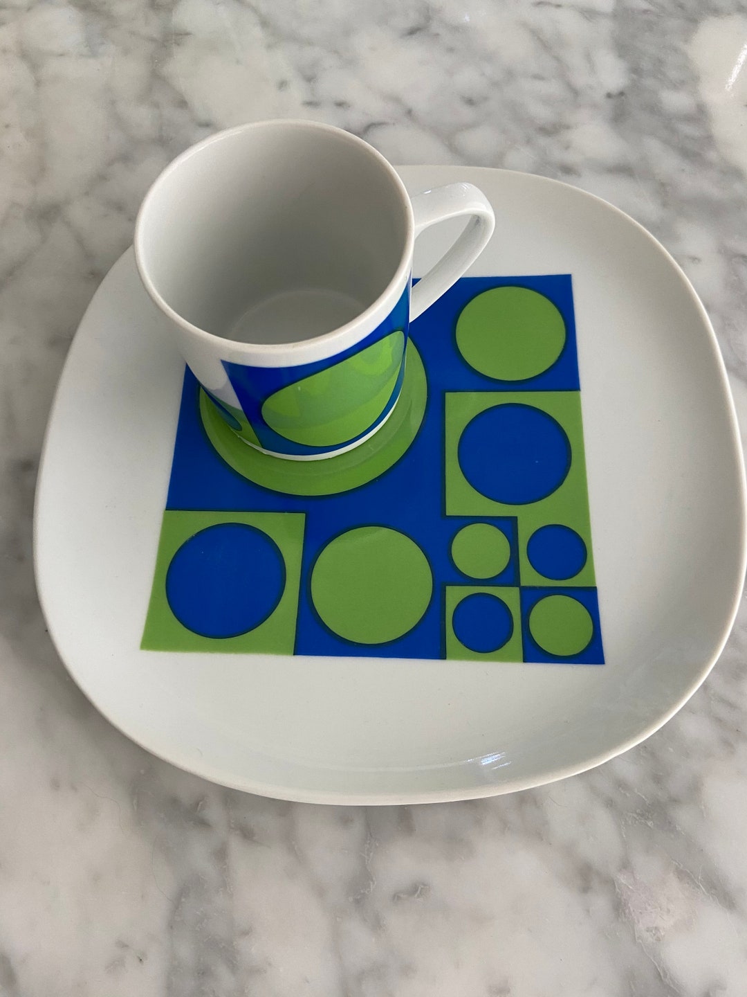 4 MCM Geometric Snack Sets. Porcelain. Blue and Green Modernism. Jonas ...