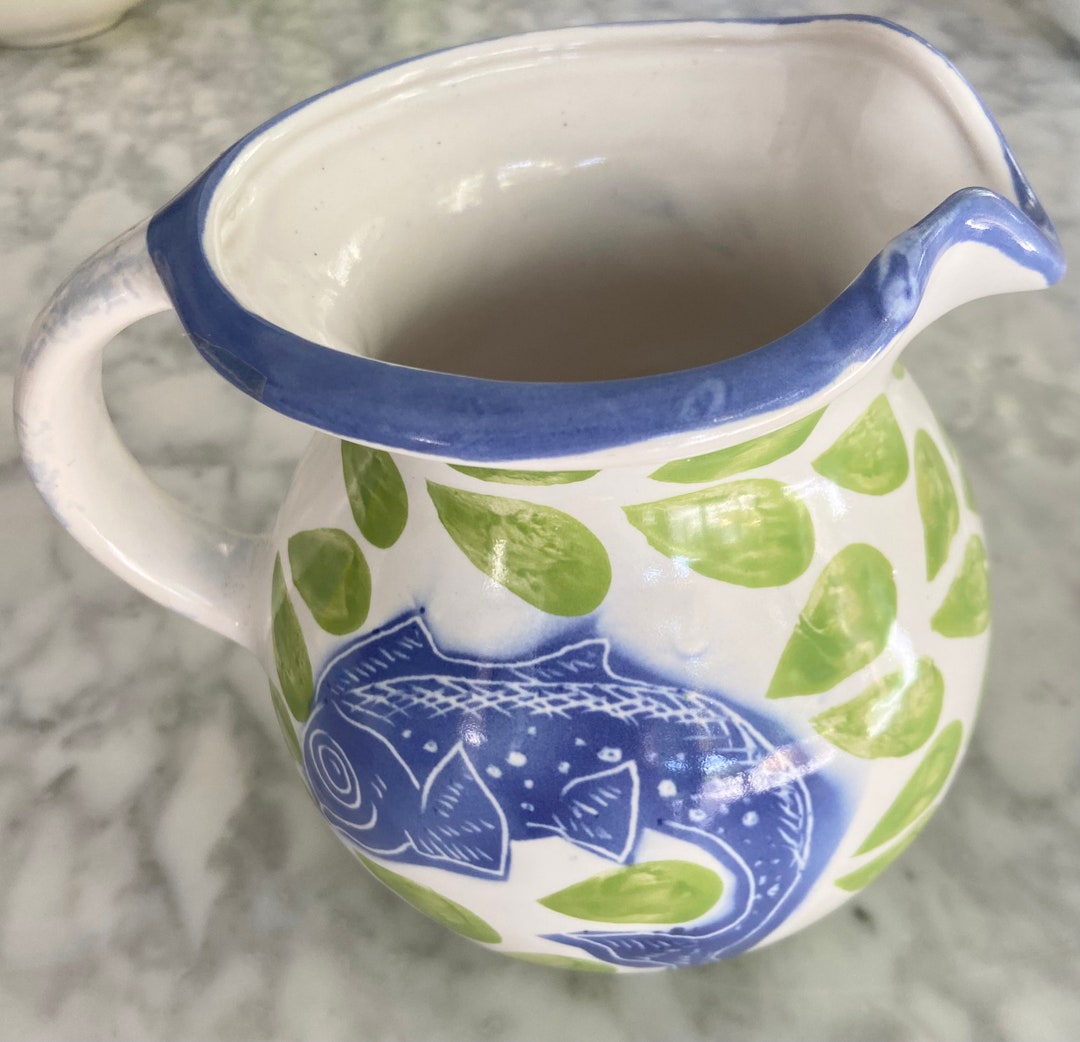 Blue Fish Pitcher With Green Leaves - Perfect Condition - Etsy