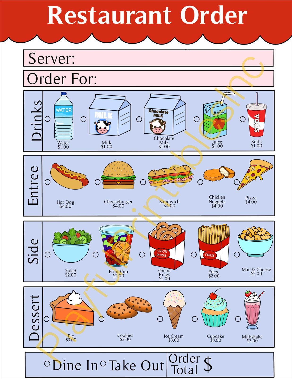 Kids Pretend Play Restaurant Order Form: Dramatic Play Menu PDF - Etsy