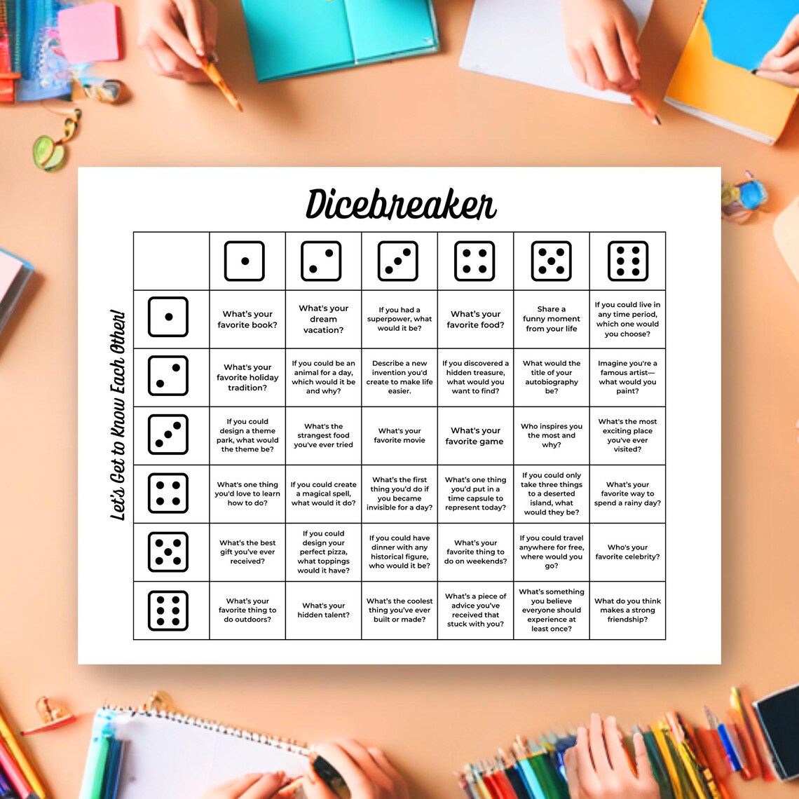 Dicebreaker Game Getting to Know You Icebreaker Questions Printable Games for Kid Instant ...